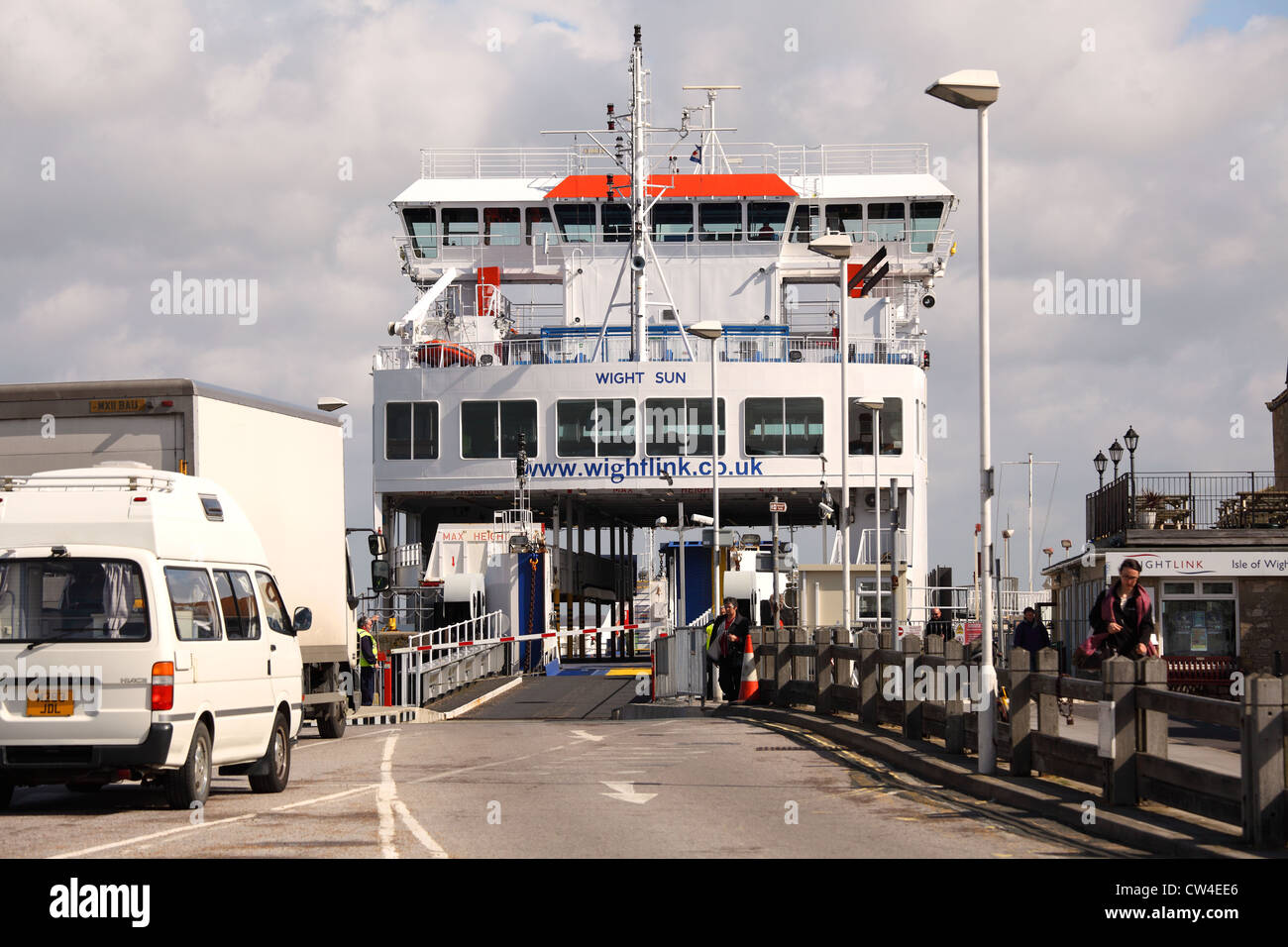 Isle of Wight ferry, the 'Wight Sun', is shown about to load traffic ...