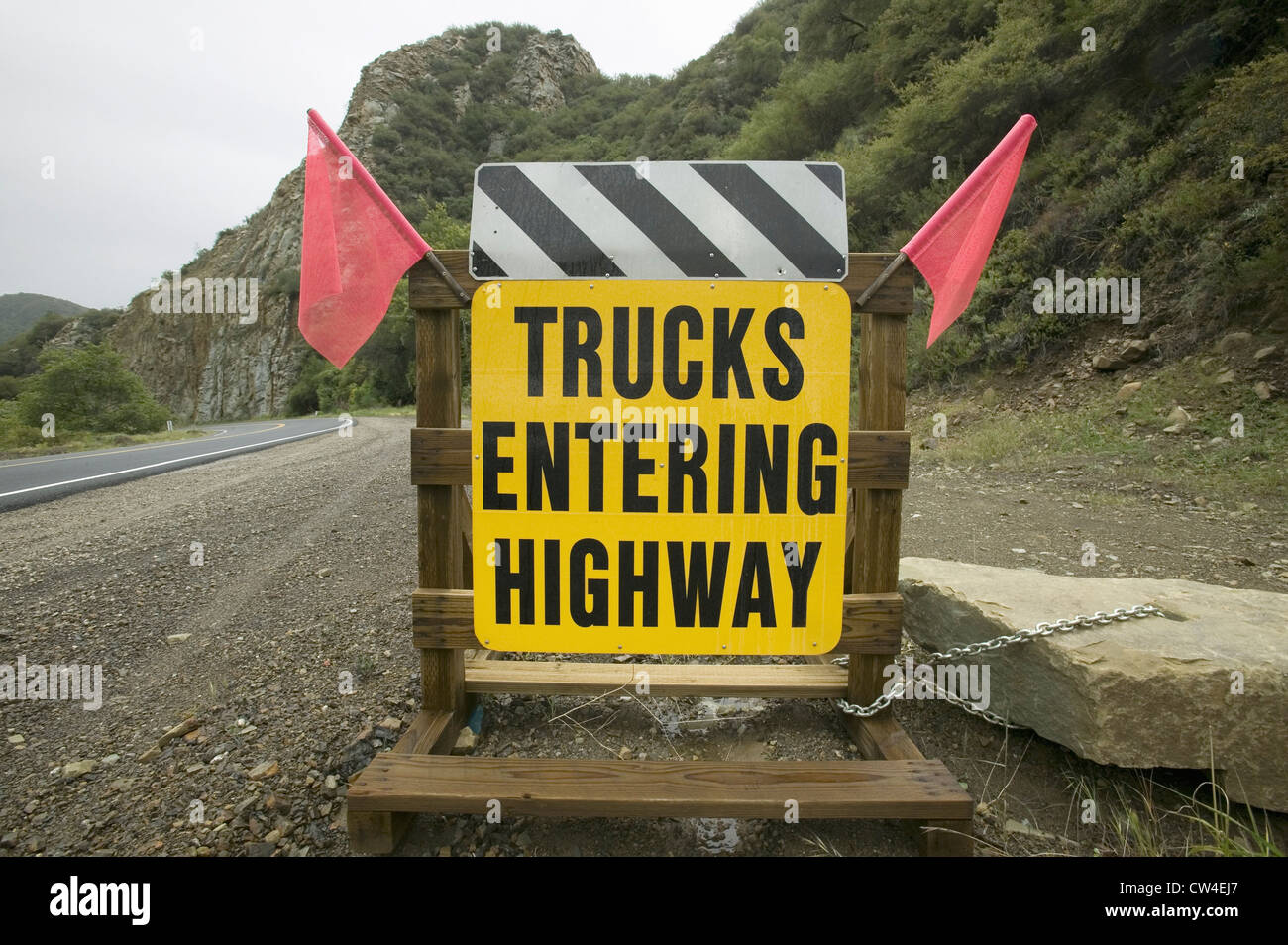 A warning sign stating Trucks Entering Highway on Route 33 near Ojai ...
