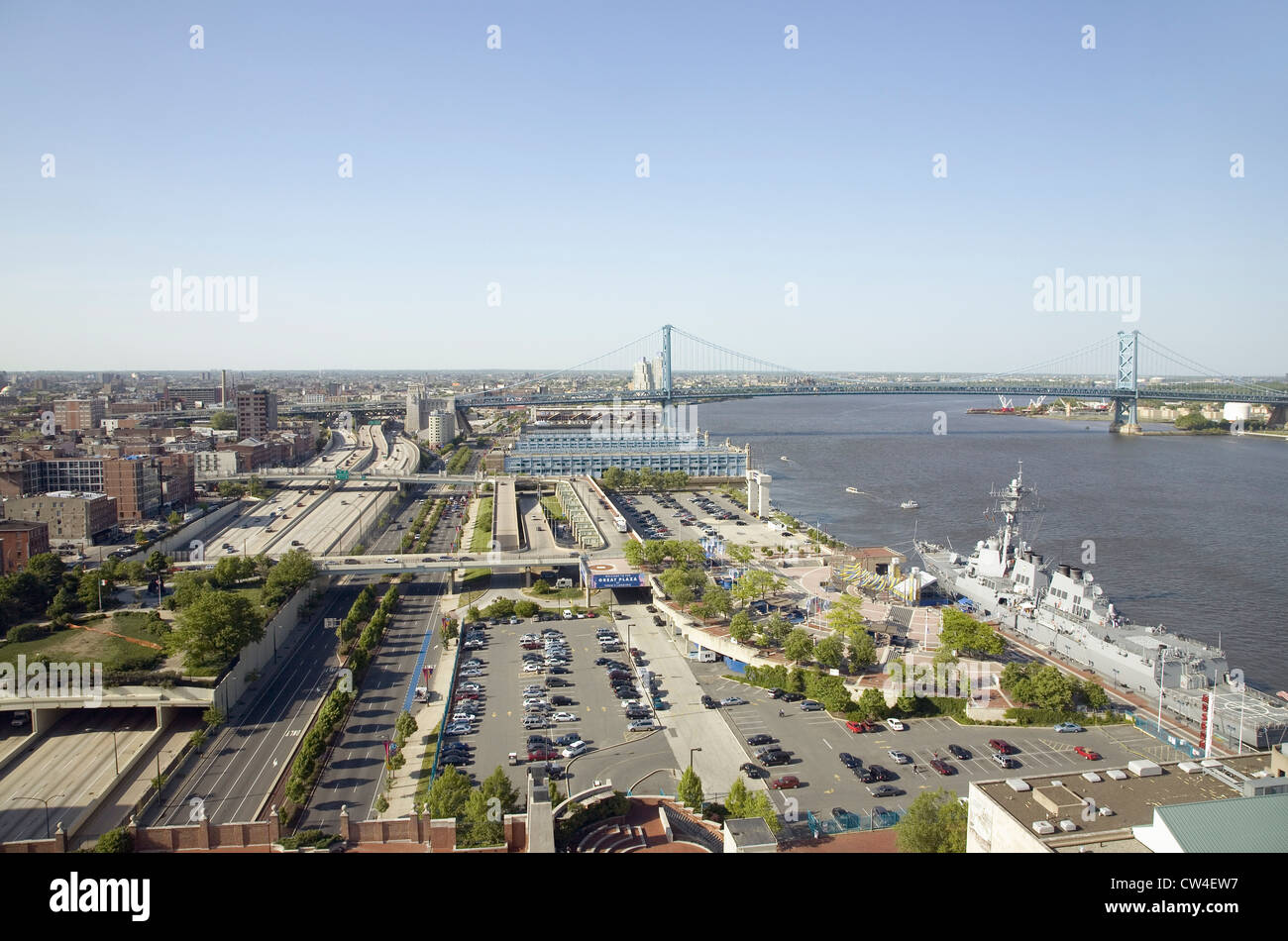 Aerial view of Delaware River, Benjamin Franklin Bridge and waterfront ...
