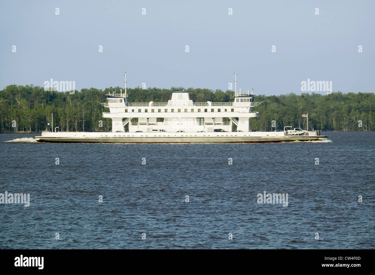Ferry boat with cars crossing James River from Jamestown Virginia to ...