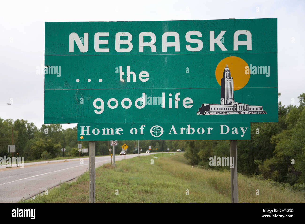 Welcoming sign to Nebraska...The good life, Nebraska state line Stock ...