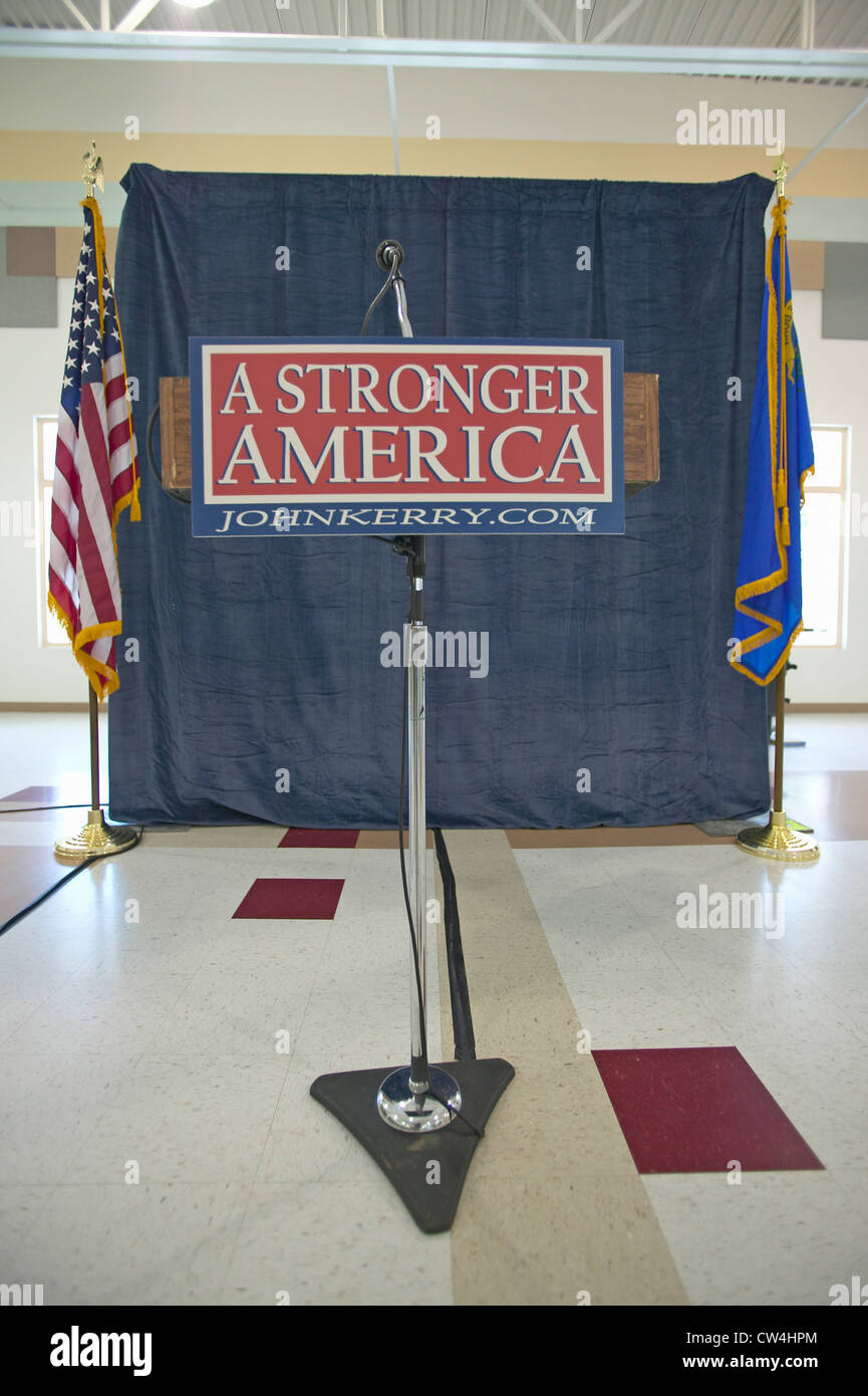 Empty stage and microphone at Kerry Campaign rally, Valley View Rec ...