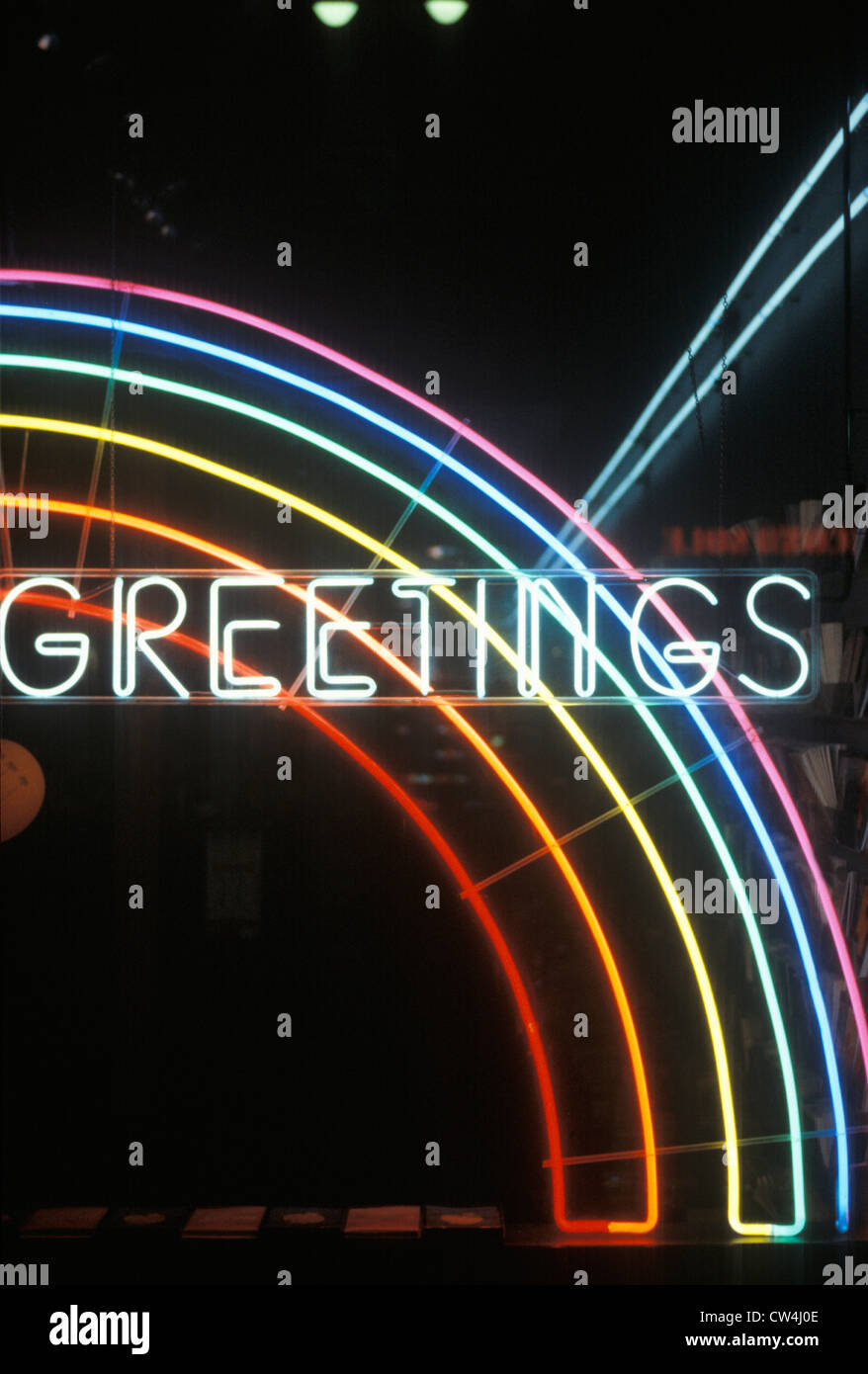 A neon sign that reads ?Greetings? in Los Angeles, California Stock ...