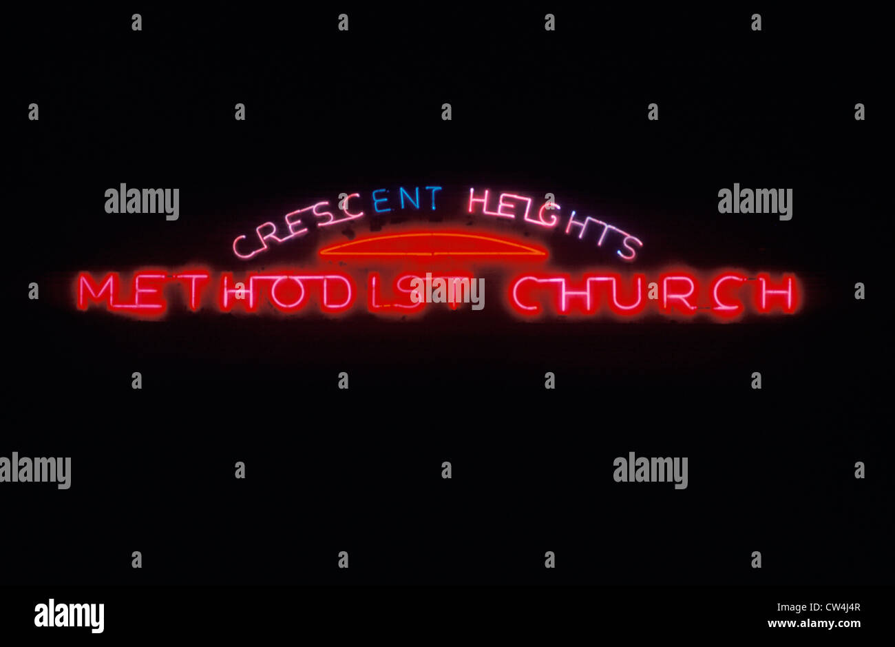 A neon sign that reads ?Crescent Heights Methodist Church Stock Photo ...