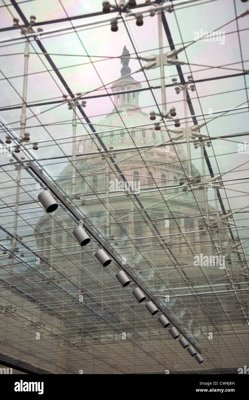 U.S. Capitol through glass windows at the U.S. Capitol Visitors Center ...