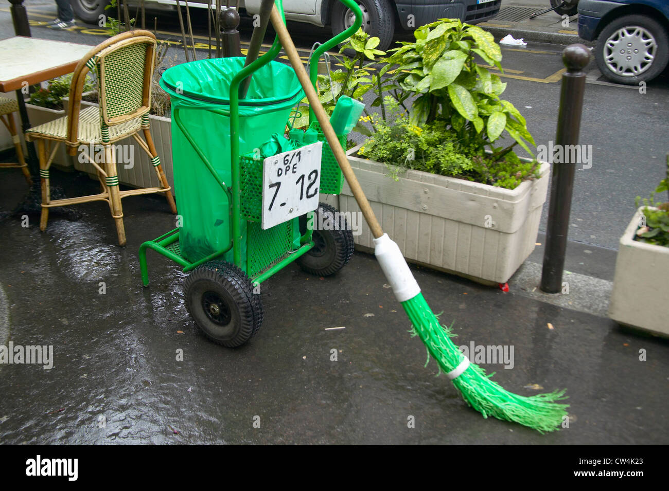 Green broom and garbage pail on street, Paris, France Stock Photo - Alamy