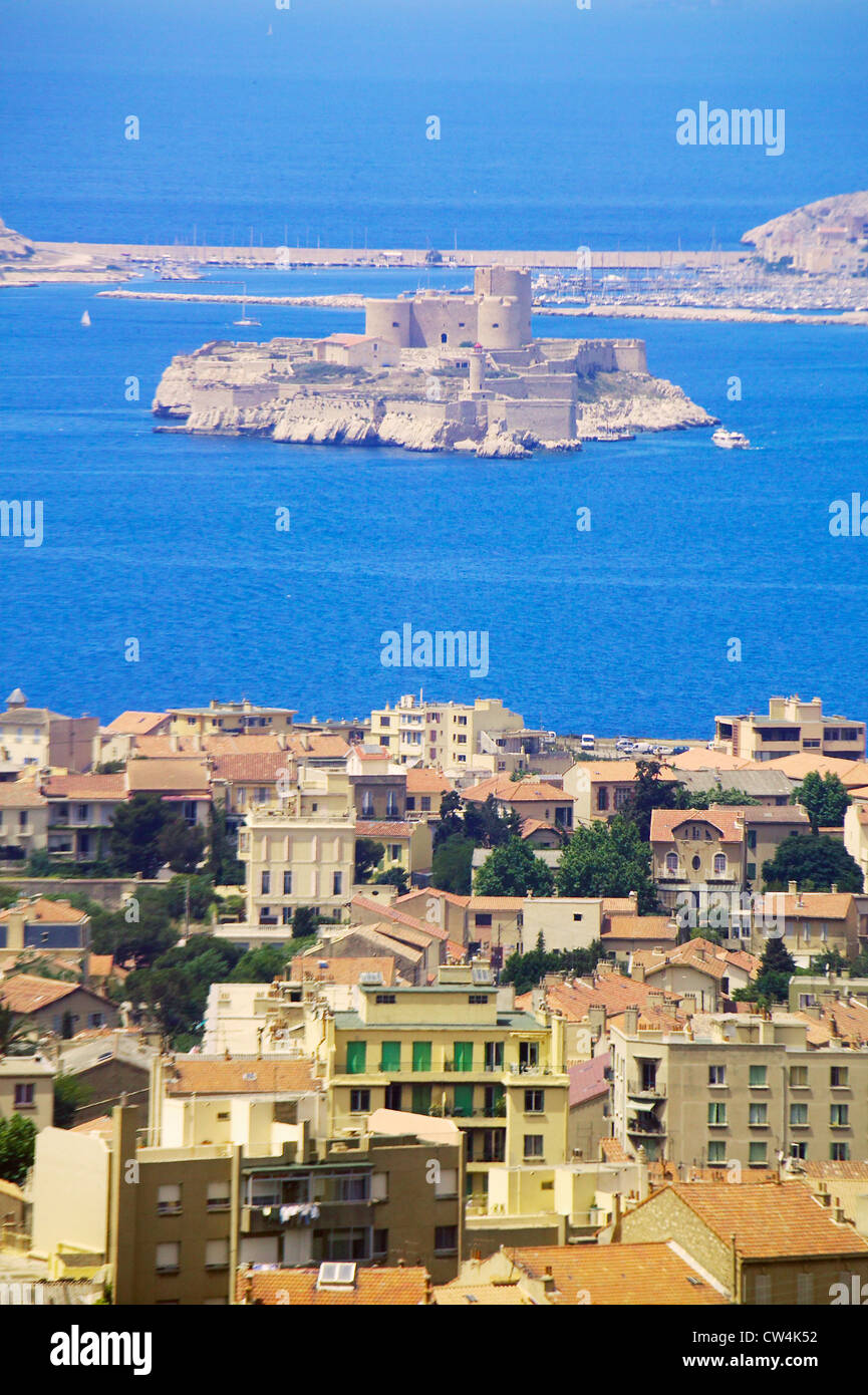 Aerial view of one of the Frioul islands, the Chateau d'If and the town ...