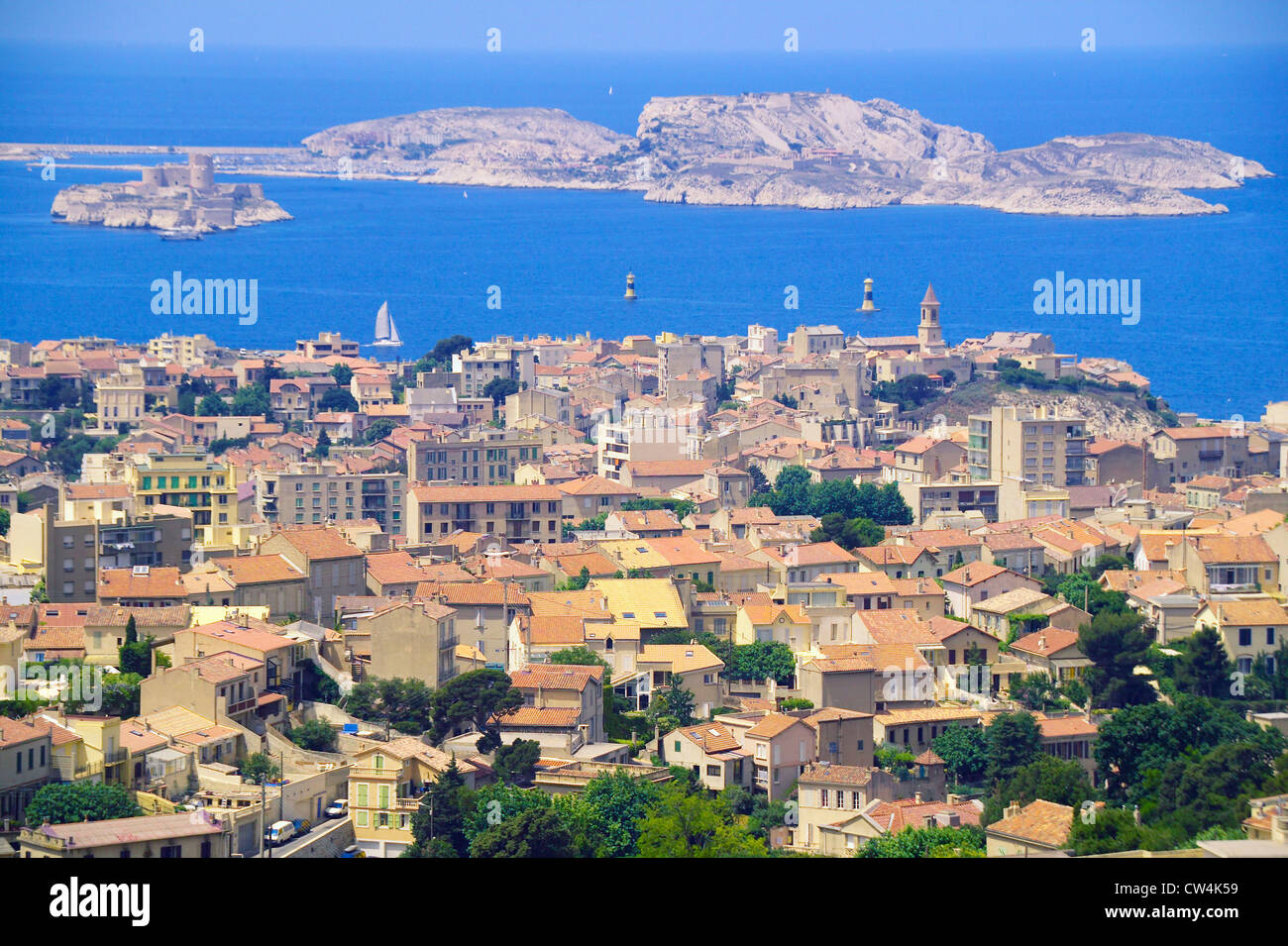 Aerial view of one of the Frioul islands, the Chateau d'If and the town ...