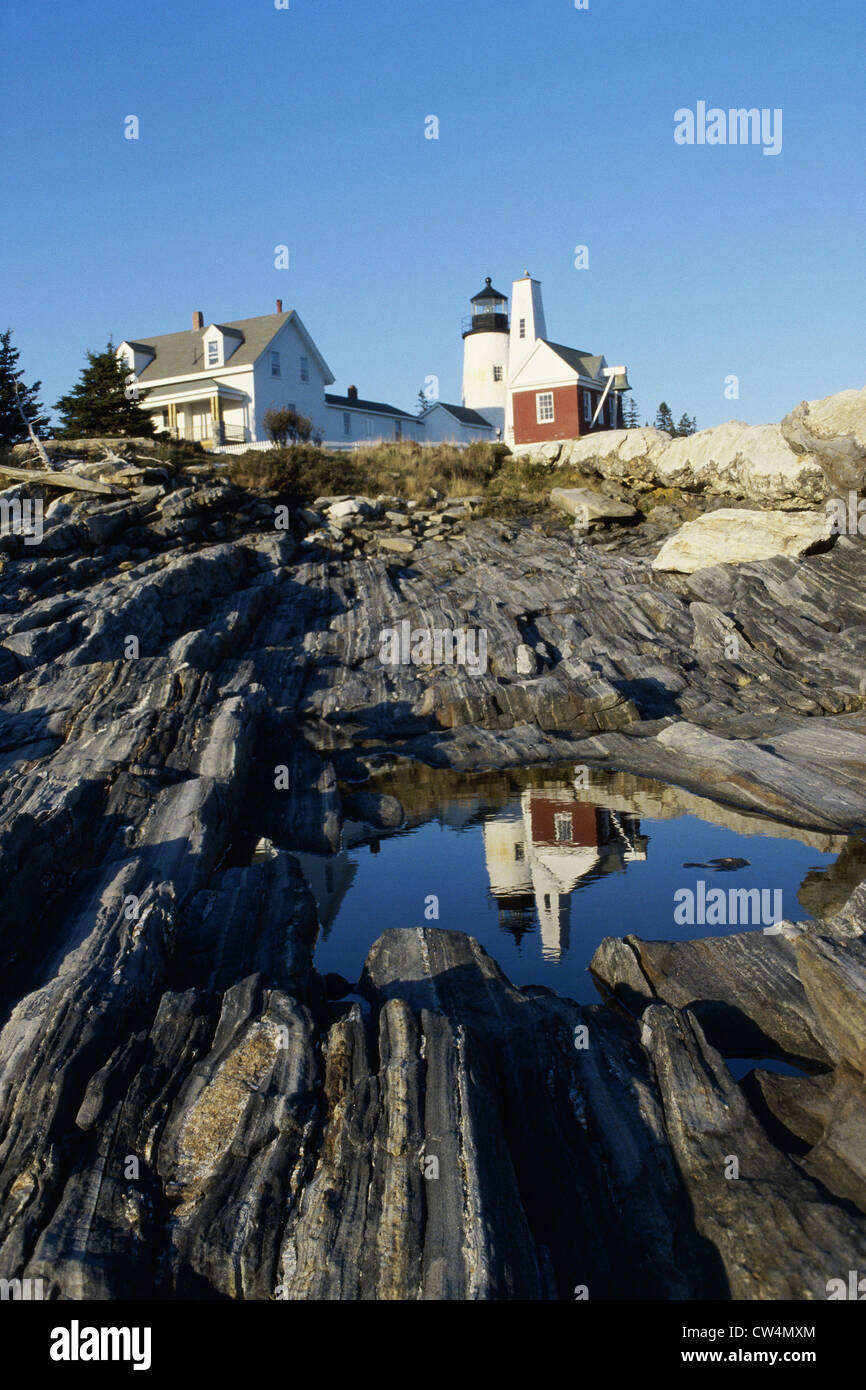 Reflection of a lighthouse in water, Pemaquid Point Lighthouse ...