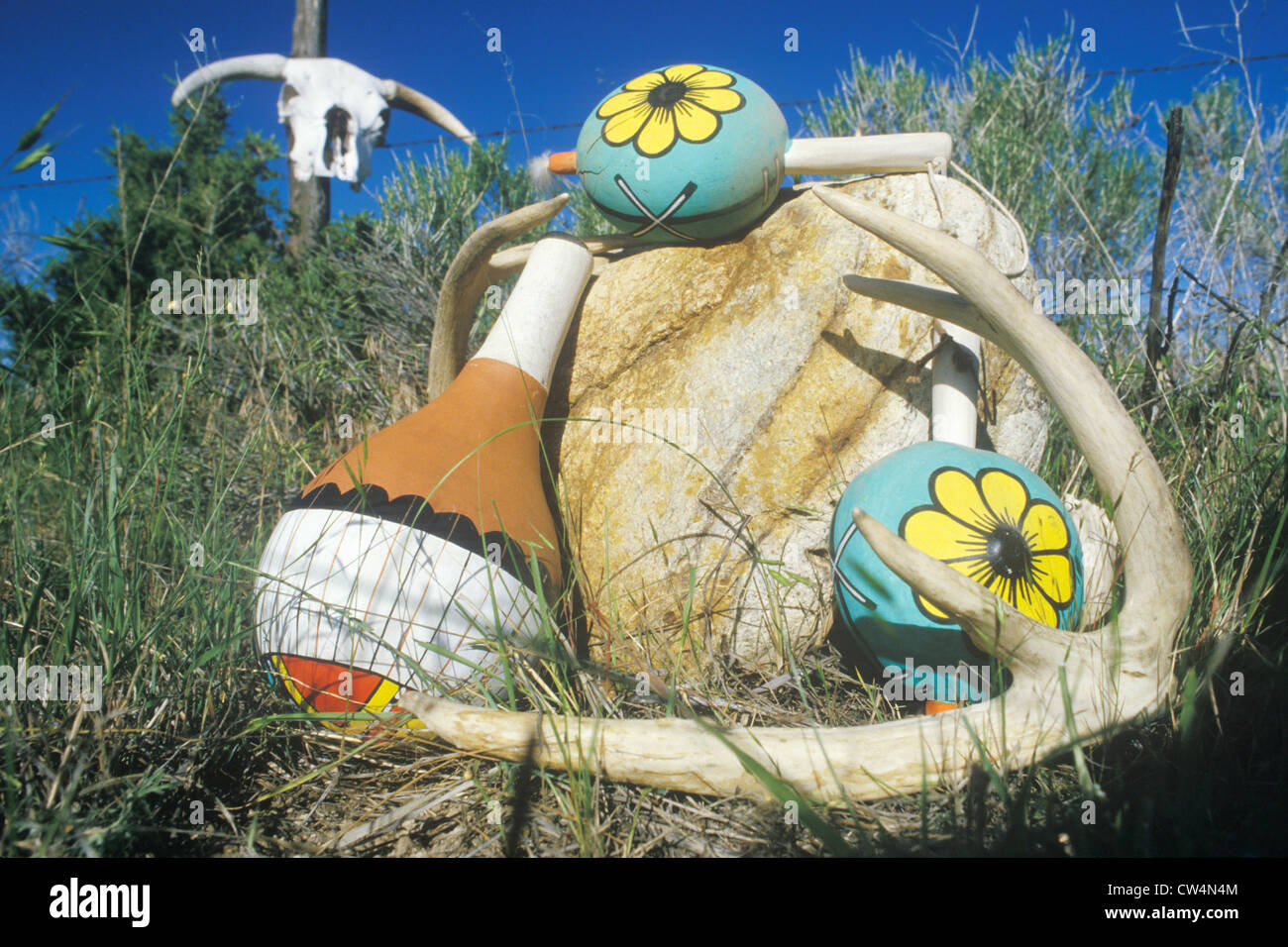 Outdoor display of colorful Hopi instruments in Taos, NM Stock Photo ...