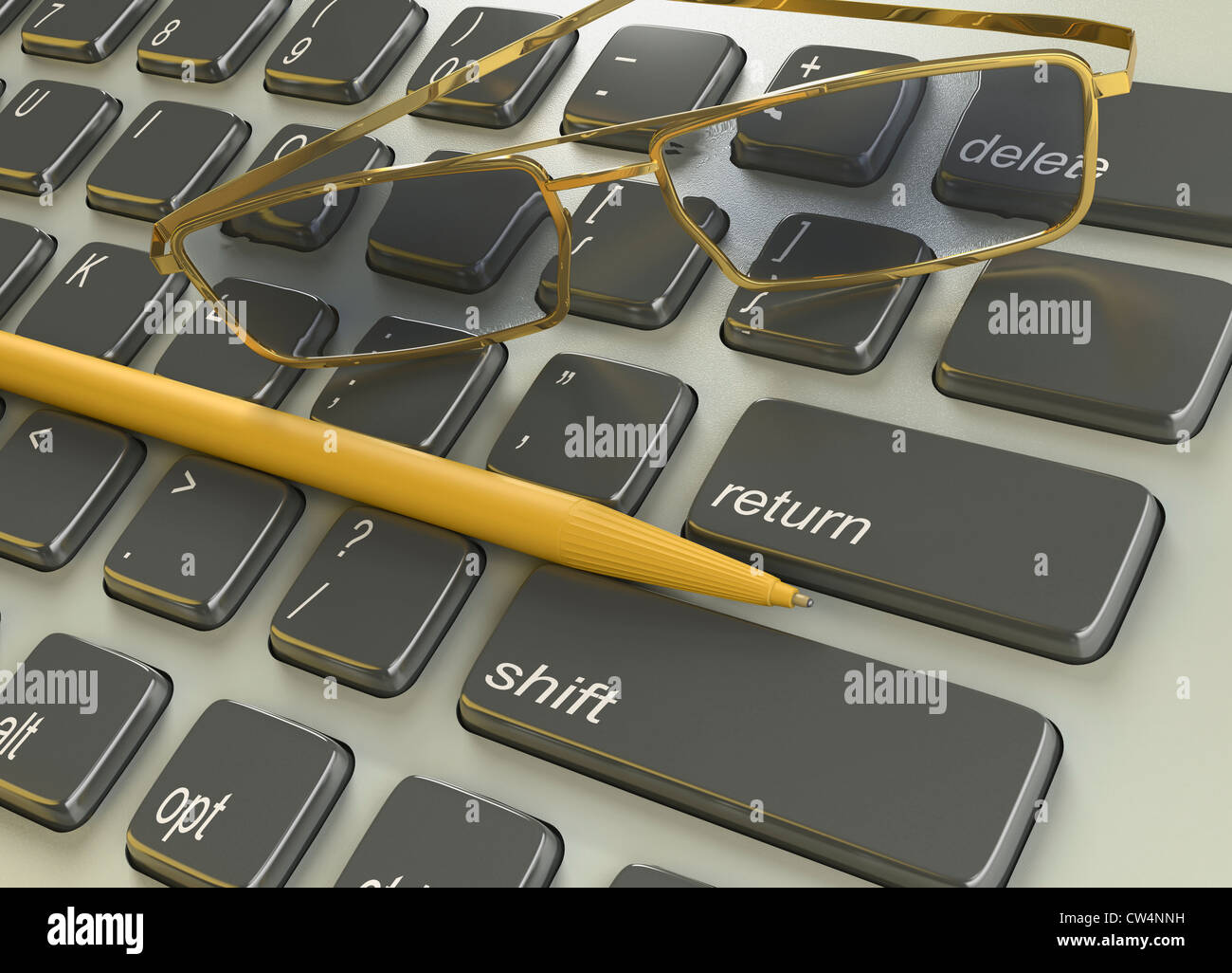 Laptop keyboard or keypad with spectacles and pen Stock Photo - Alamy