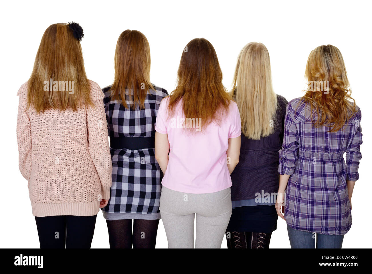 A group of young women - a rear view isolated on white background Stock ...