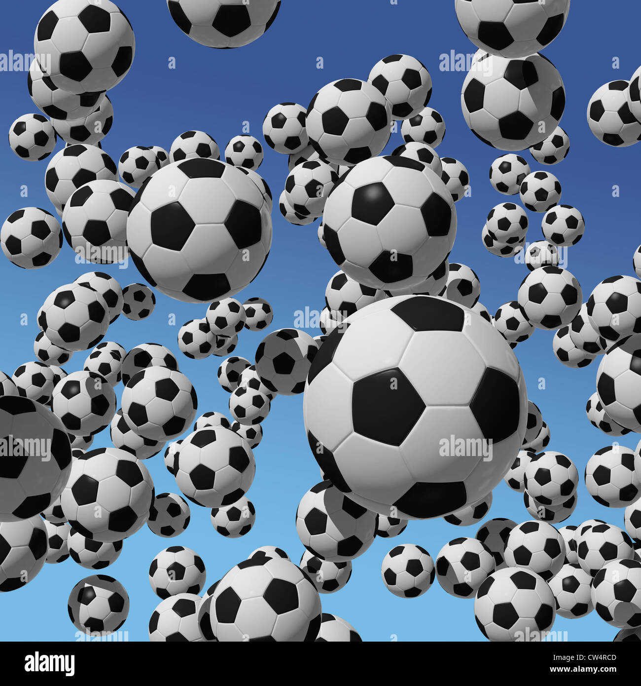 Many soccer balls against a blue sky forming a grunge background Stock ...