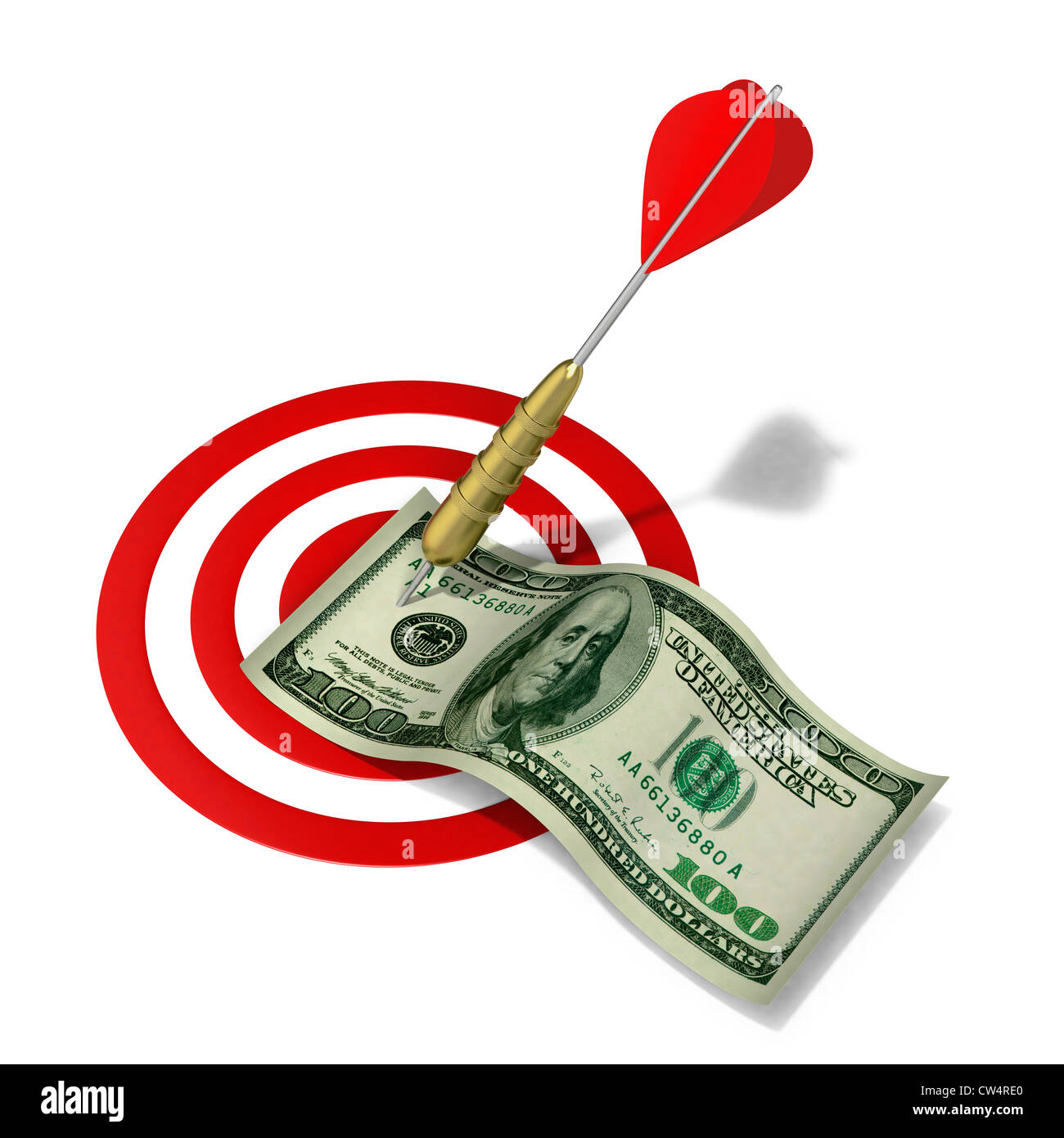 Dart on target hitting the money on white background Stock Photo - Alamy