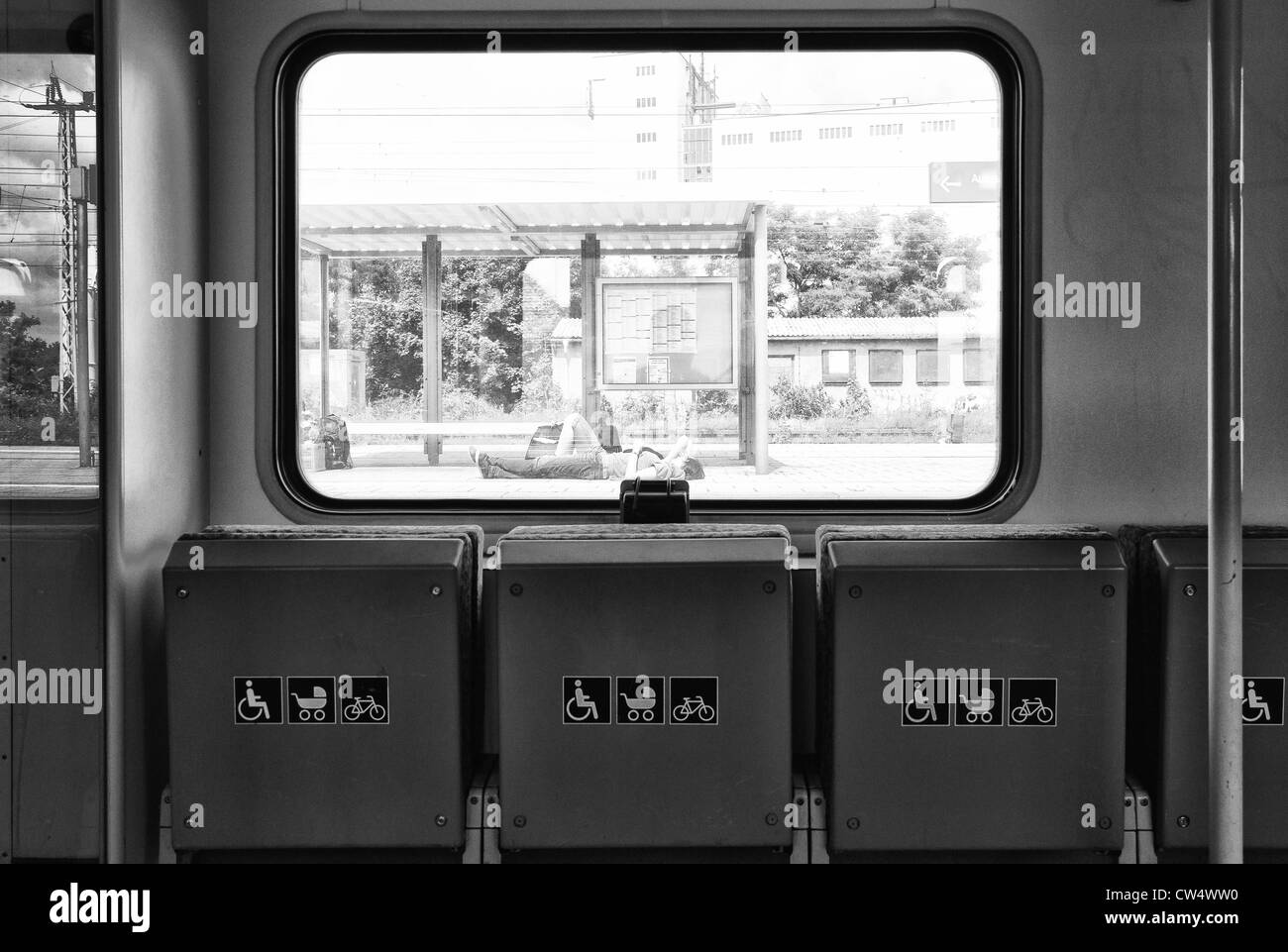 The view from the train window. Black-and-white Stock Photo - Alamy