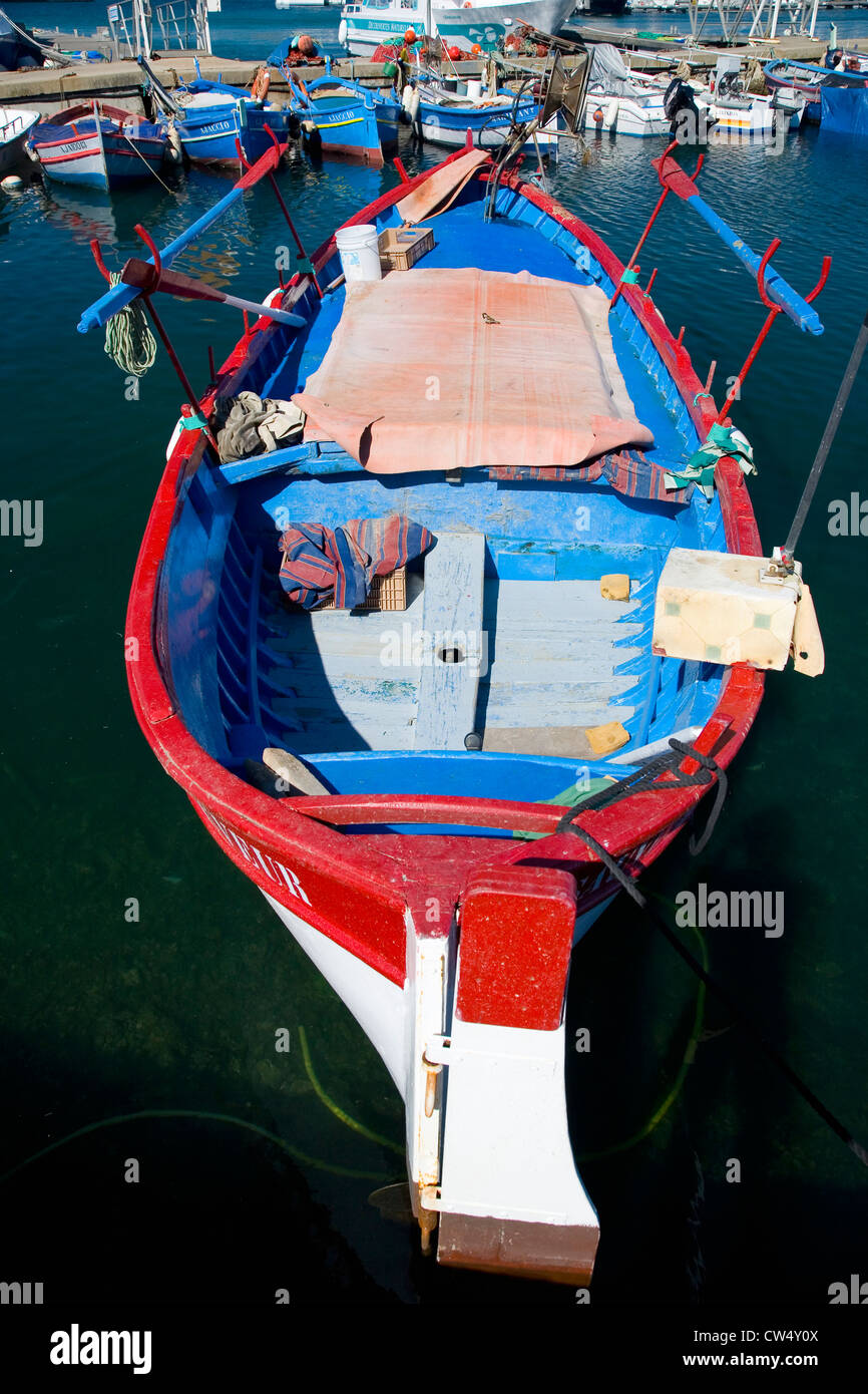 Red and blue boat on the Mediterranean Sea, Corsica, France, Europe ...