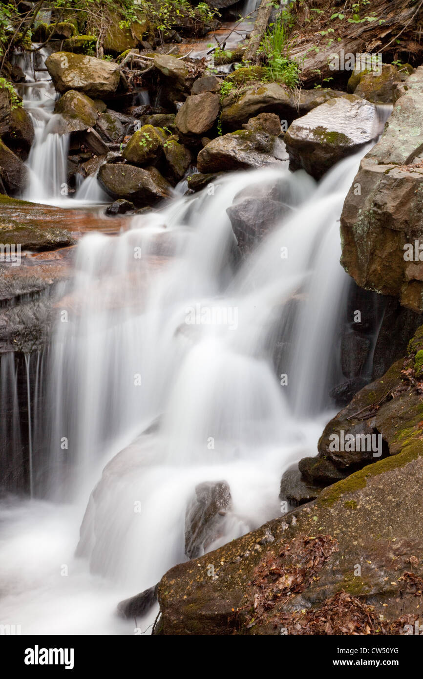 Cool, refreshing waterfall, cascading down rocks with trees and bushes ...