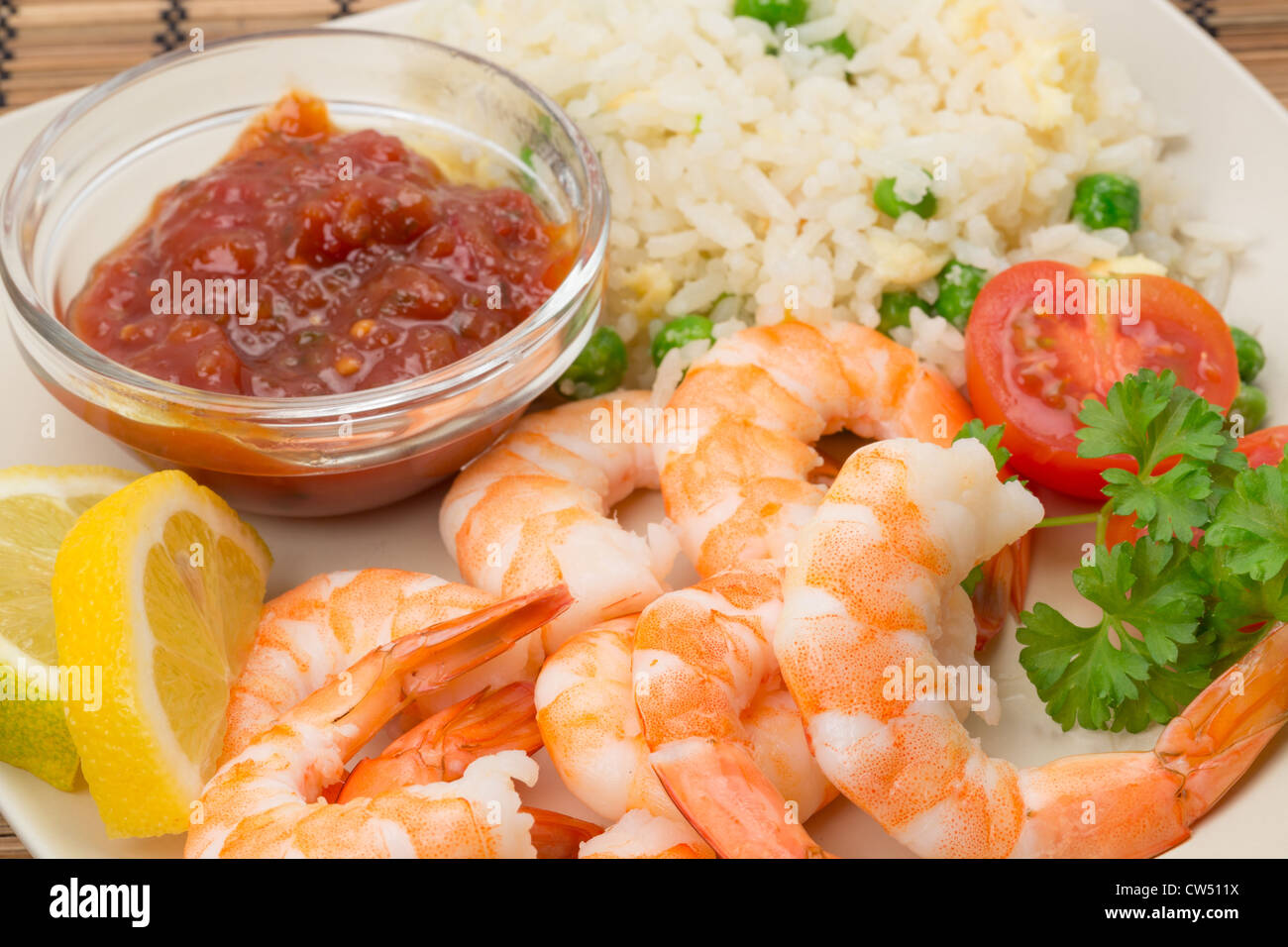 King prawn and fried rice, served with a salad and a tomato dip ...