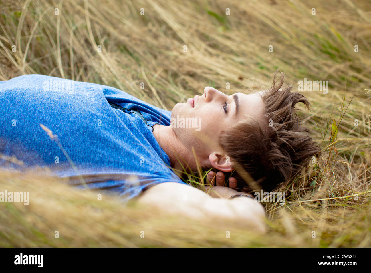Man relaxing in grass field Stock Photo - Alamy