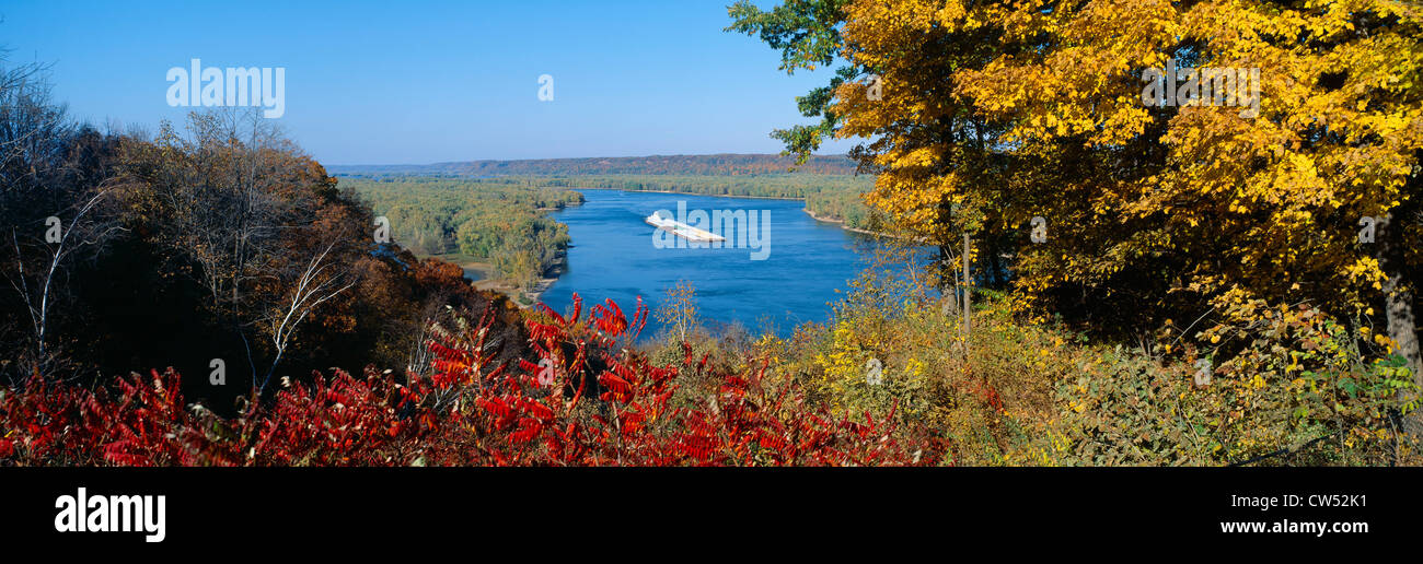 Barge on Mississippi River in Autumn, Great River Road, Iowa Stock ...