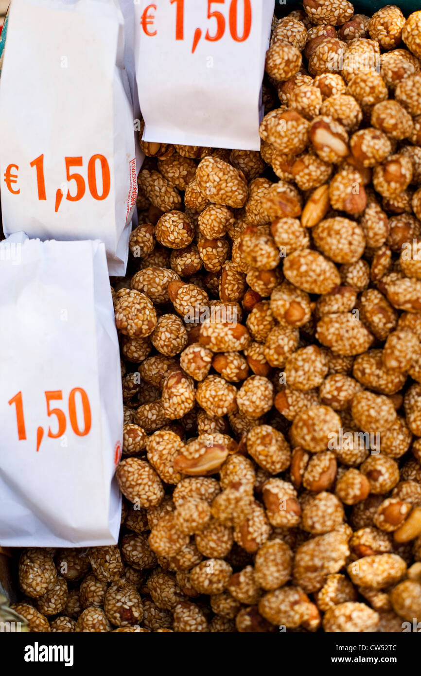 Sesame seed coated peanuts for sale at market, Plaka, Athens, Greece ...