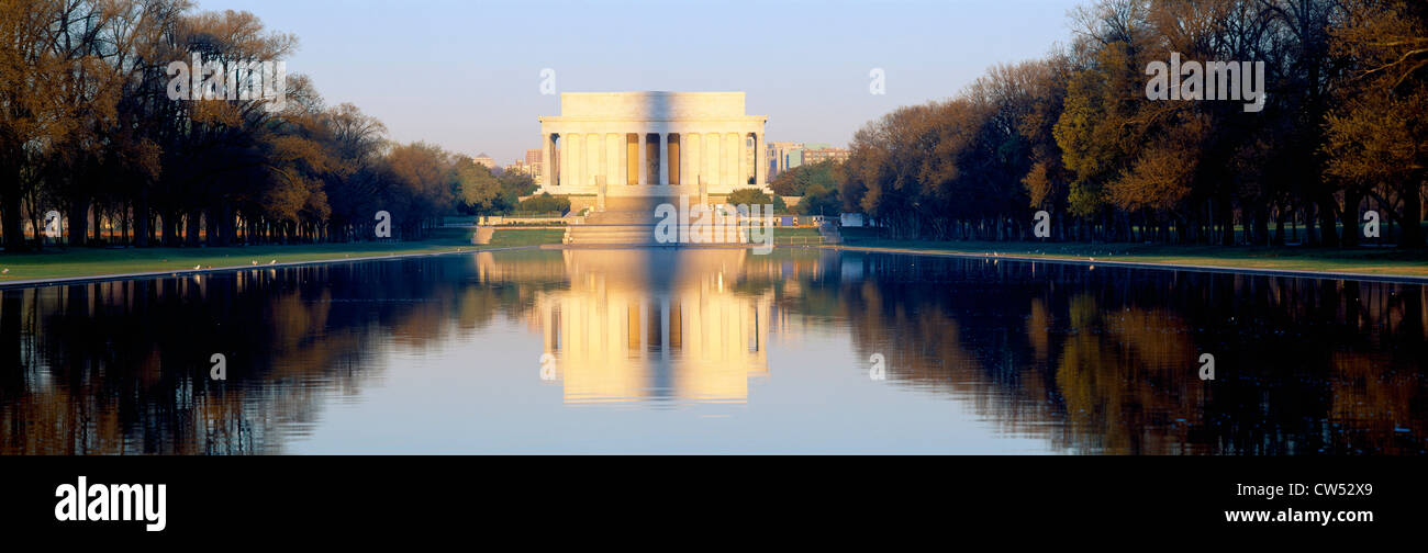 Lincoln Memorial in shadow of Washington Monument at dusk, Washington ...