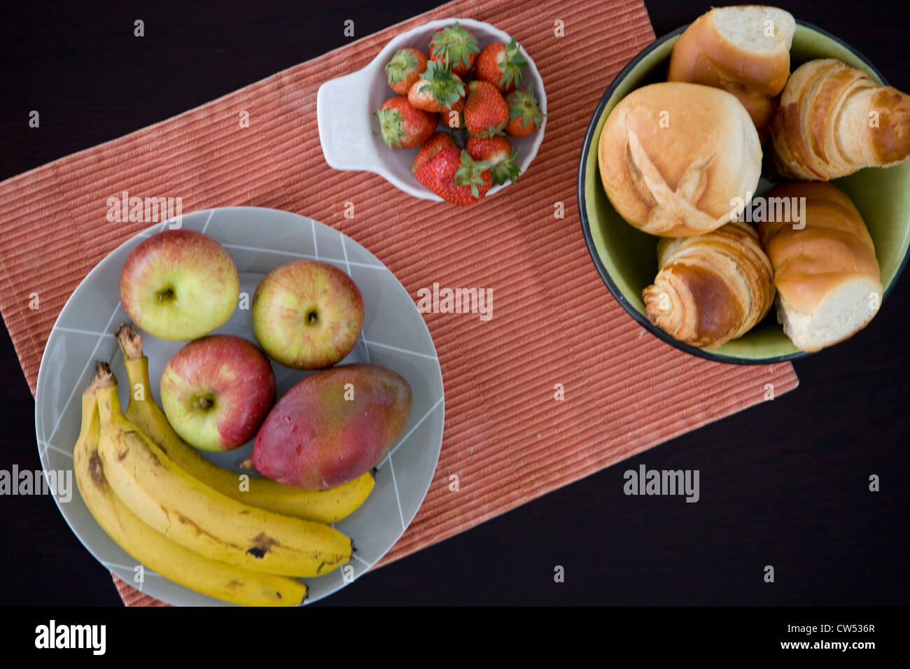 Close-up of fruits and breads on a table Stock Photo - Alamy