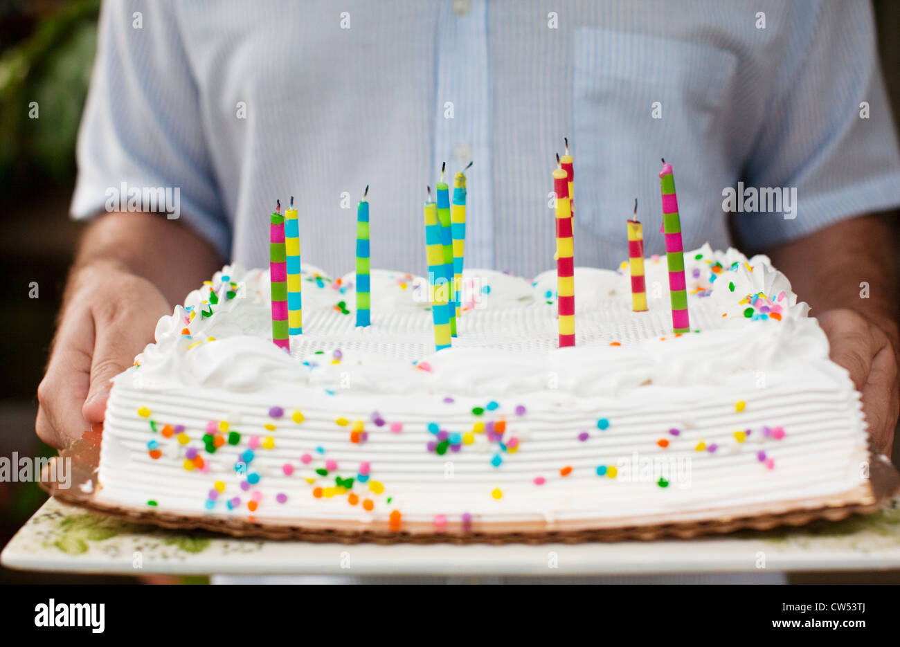 Man holding birthday cake, mid section Stock Photo - Alamy