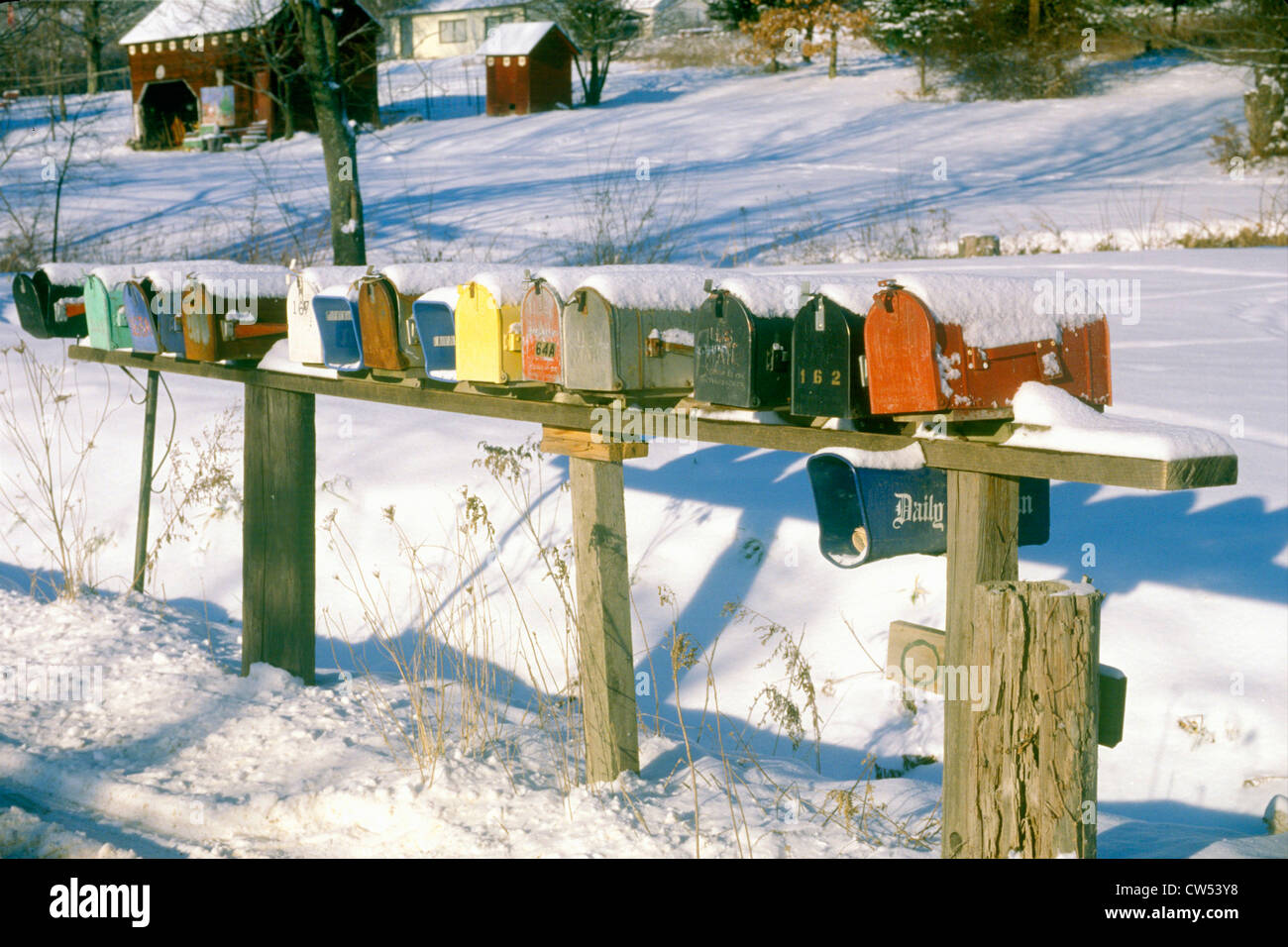 Row of residential mailboxes in rural, winter setting, Woodstock, NY ...