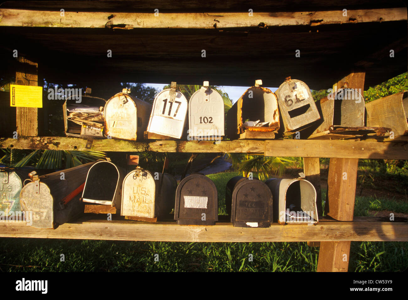Rows and shelves of residential mailboxes, rural setting Maui, Hawaii ...
