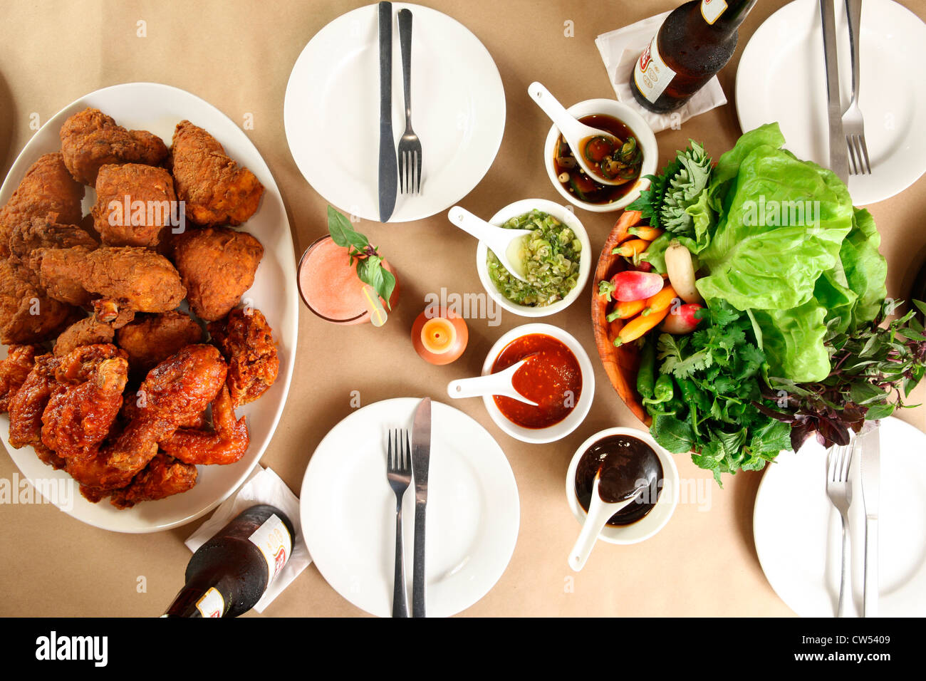 High angle view of friend chicken served on a dining table Stock Photo ...