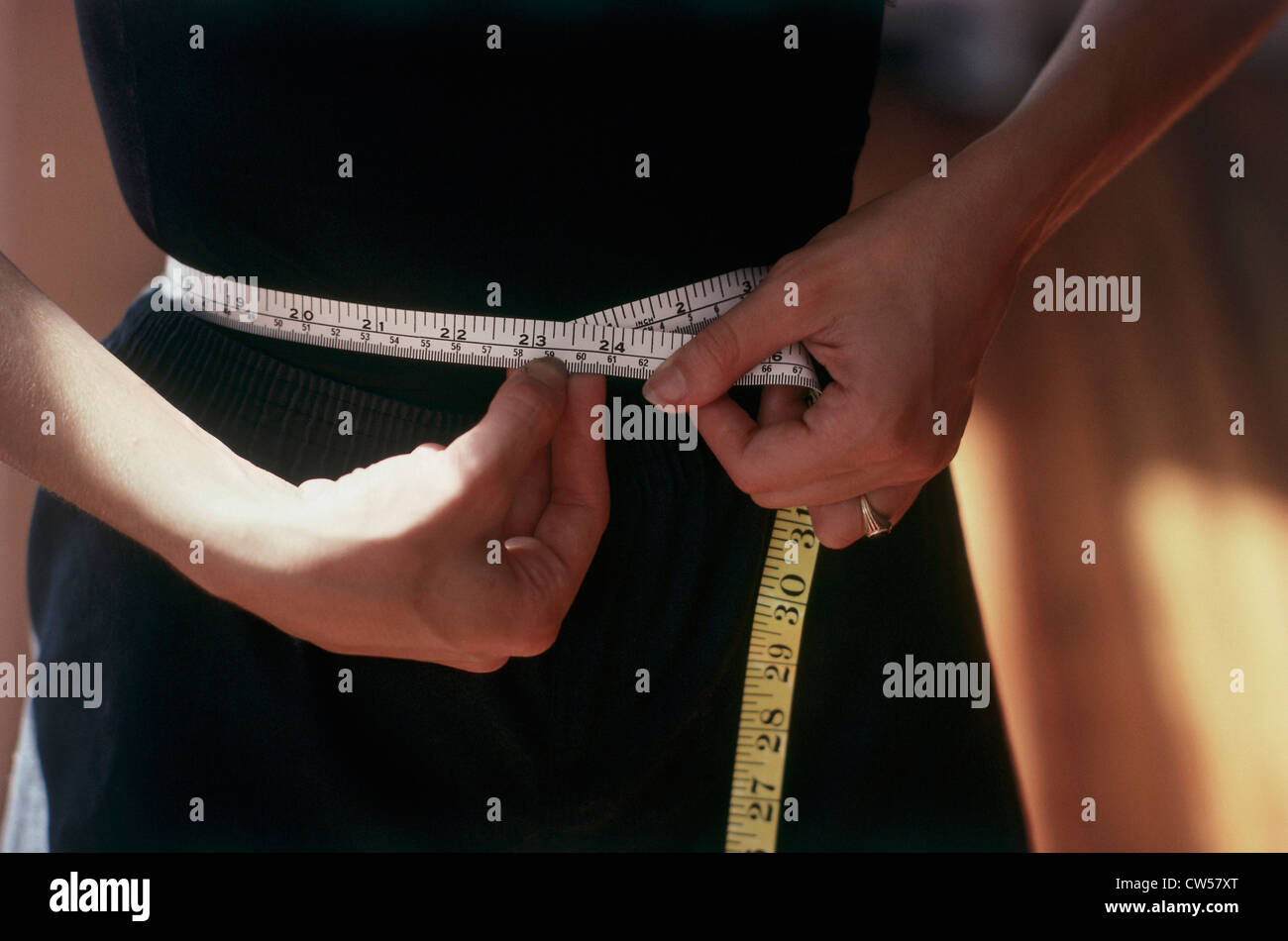 Mid section view of a woman measuring her waist Stock Photo - Alamy