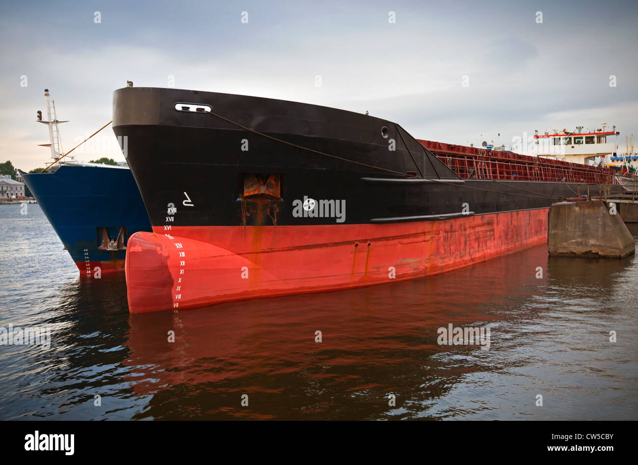 Bulbous bow design of moored trader ship. Russia, Saint-Petersburg ...