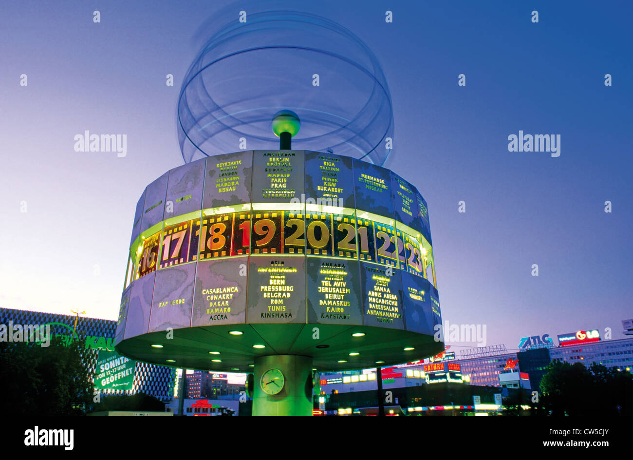Germany, Berlin: World time watch at the Alexanderplatz by night Stock Photo - Alamy