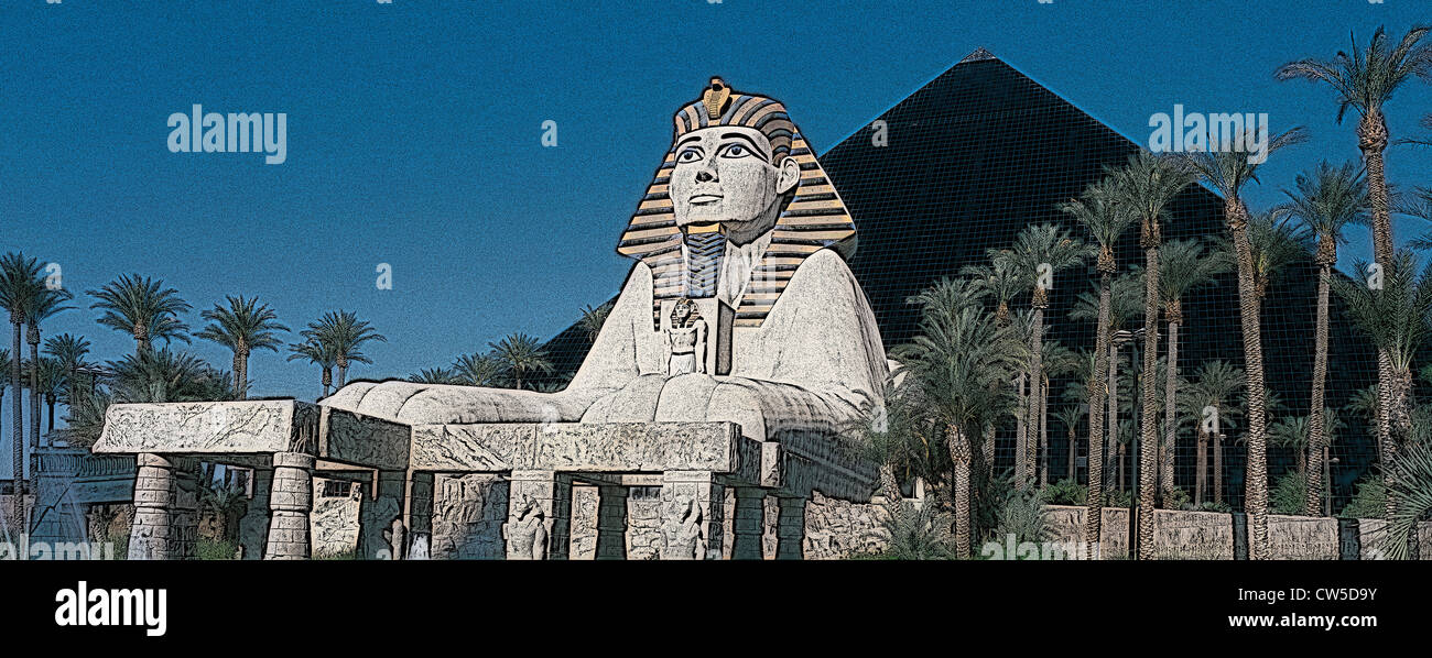 Digitally altered artistic image of Egyptian sculptures, monuments and ...