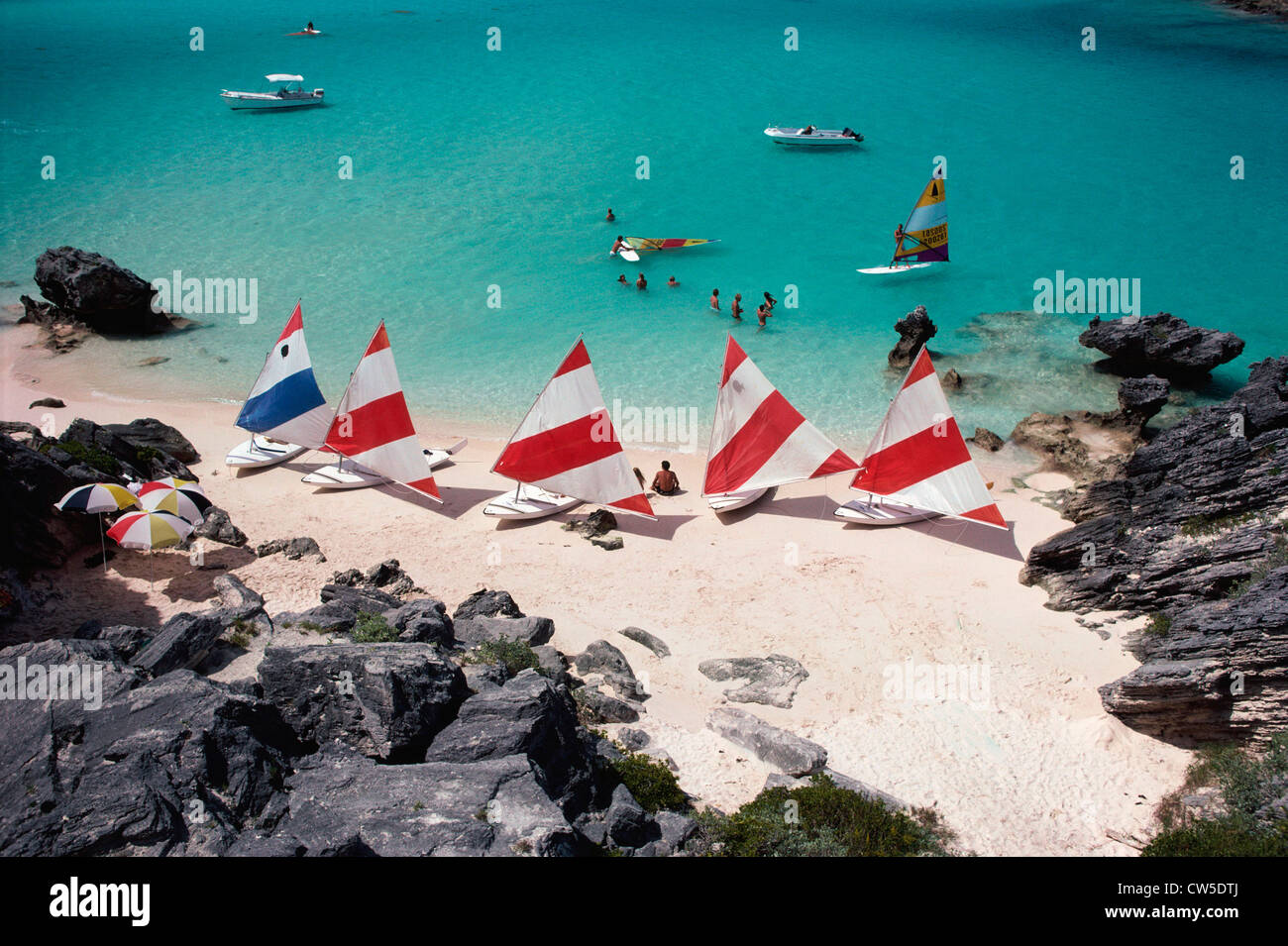 High angle view of windsurfing boards on the beach Stock Photo - Alamy