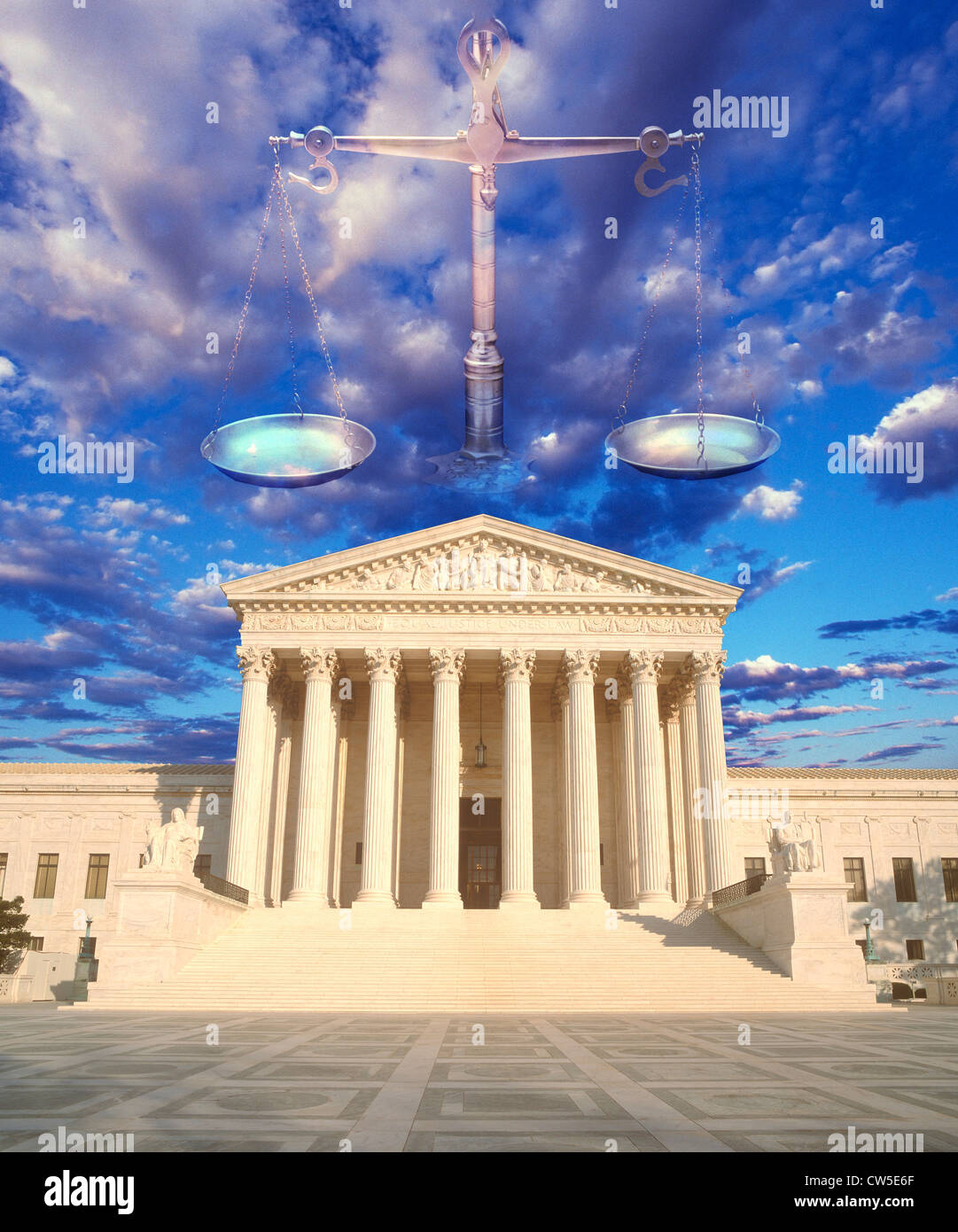 Composite image of the U.S. Supreme Court, Scales of Justice and blue ...