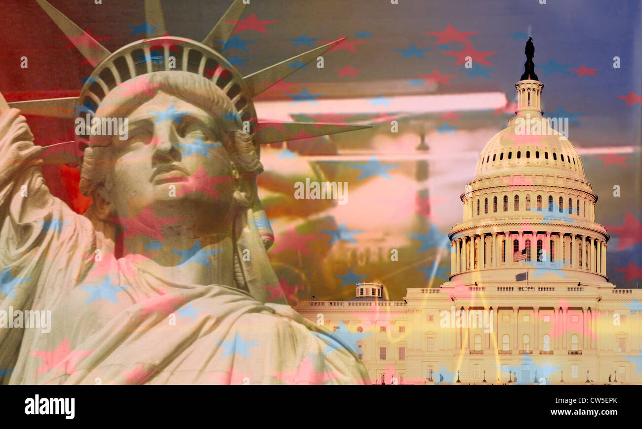 Composite image of the Statue of Liberty and U.S. Capitol with American ...