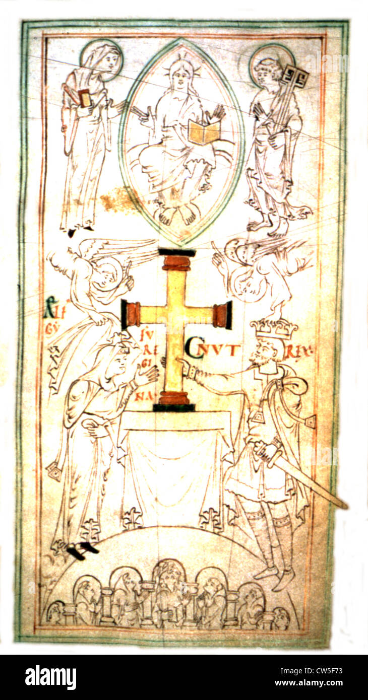 King Knut 'the Great' of Denmark and Queen Emma offering an altar cross ...