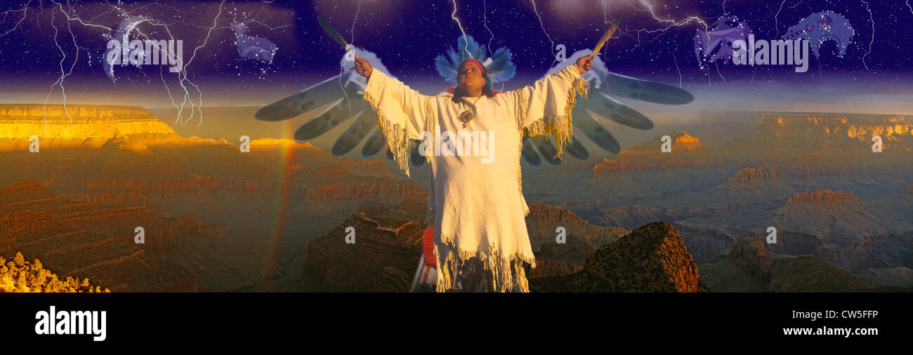 Composite panoramic image of native American Indian in a ceremony with ...