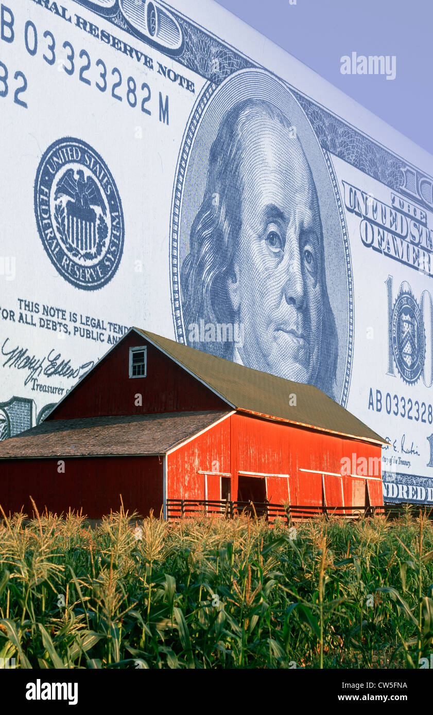 Photo montage: American currency, red barn and corn field Stock Photo ...