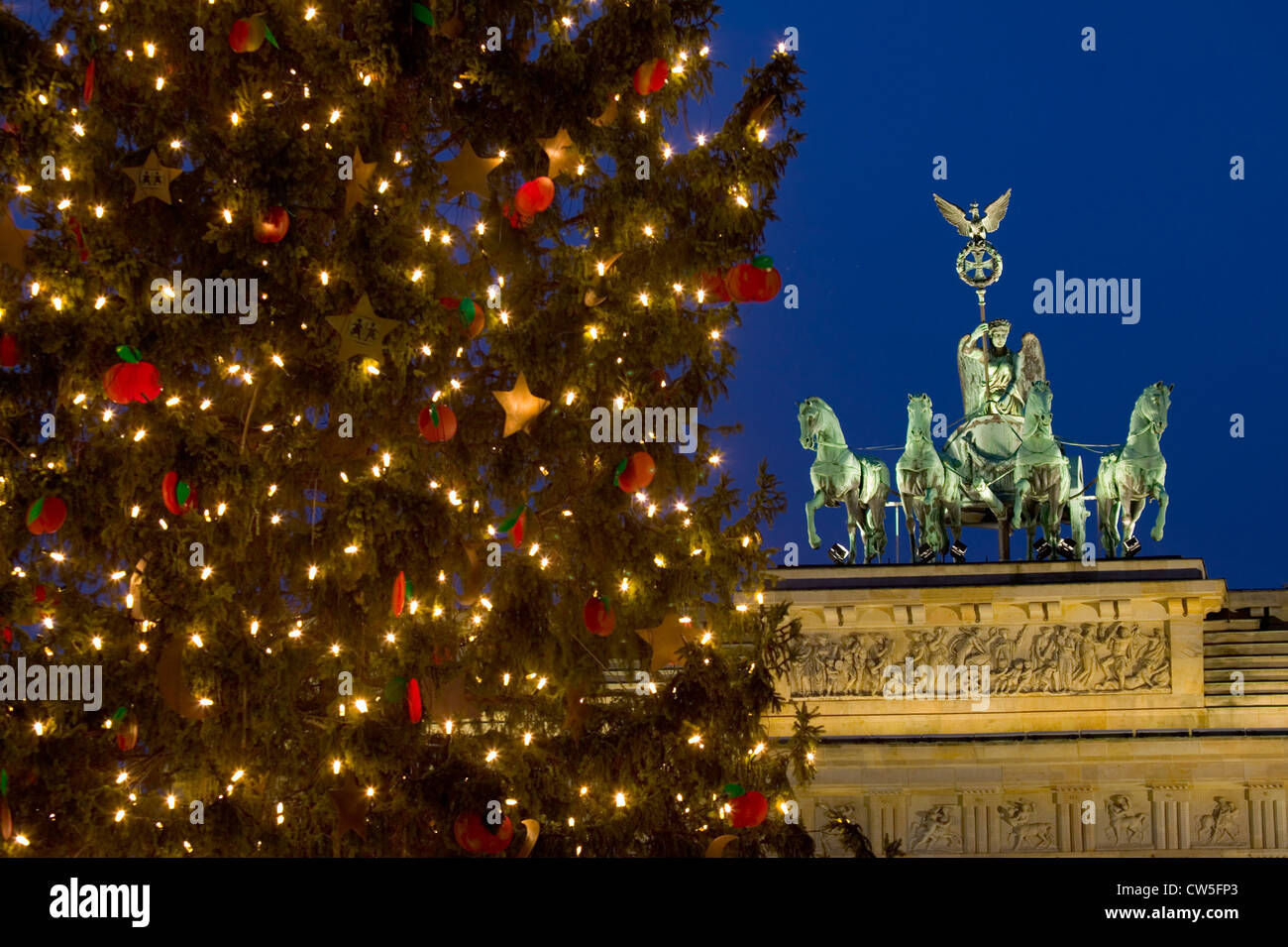 Berlin, illuminated Christmas tree in front of Brandenburg Gate Stock ...