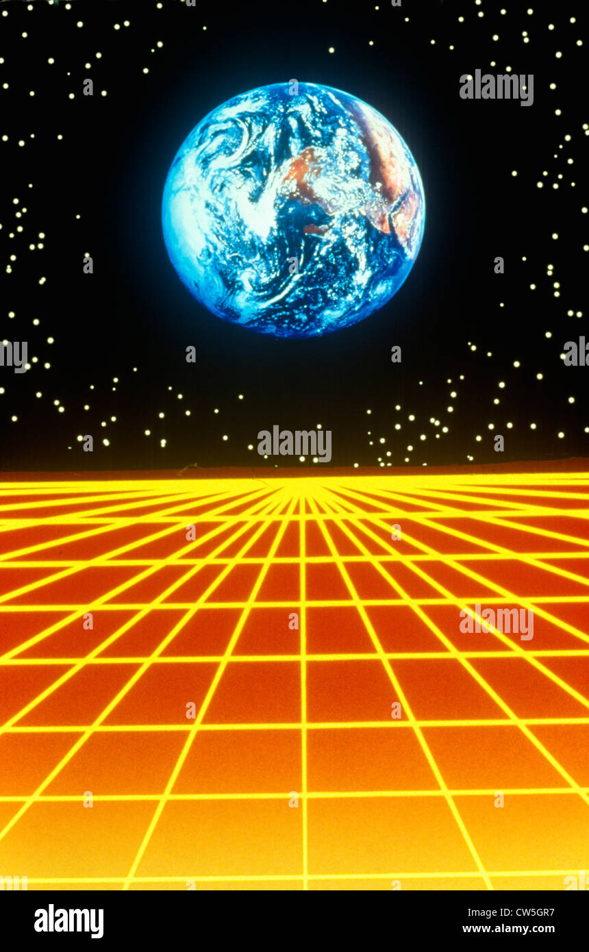 Earth against a starry background above a glowing orange matrix pattern ...