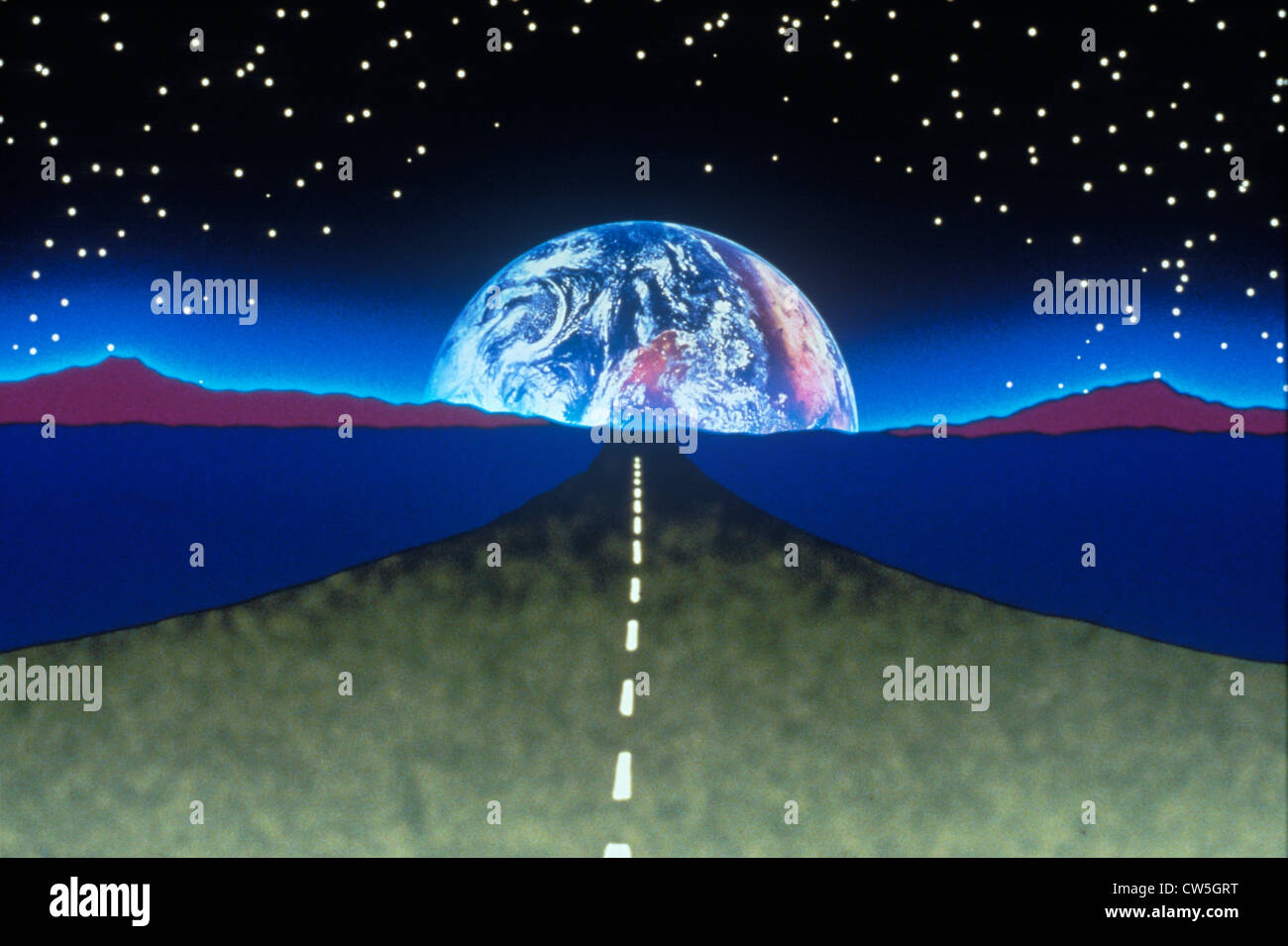 Earth against a starry background above a composited green highway and ...