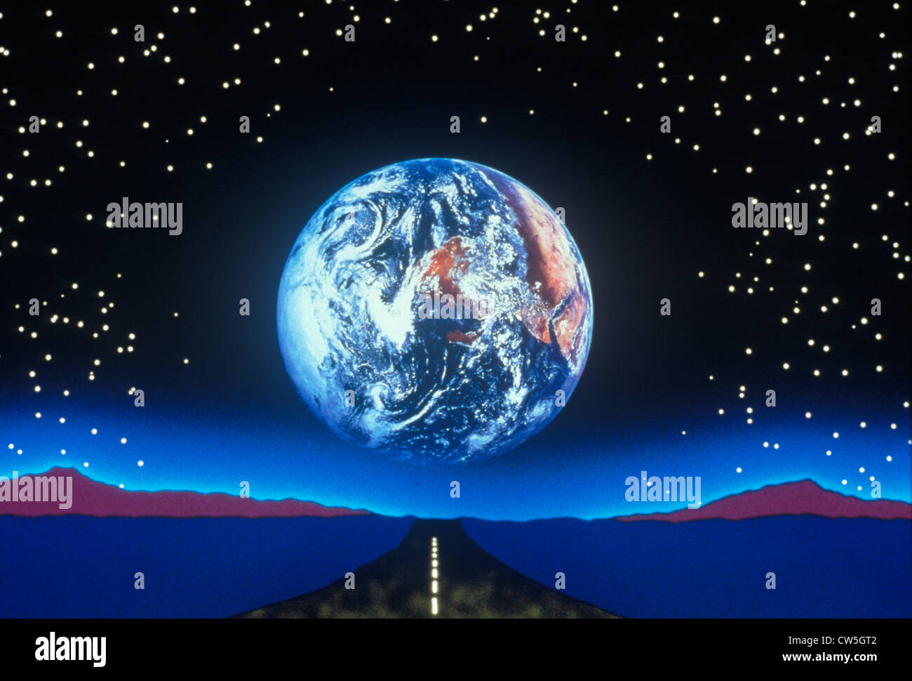 Earth against a starry background above a composited green highway and ...