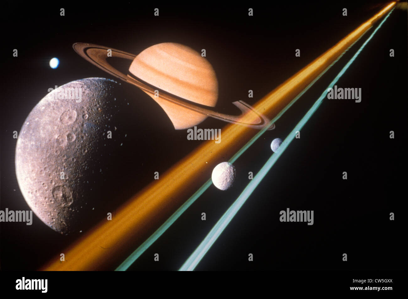 Space special effects composite with moons, Saturn, stars and laser ...