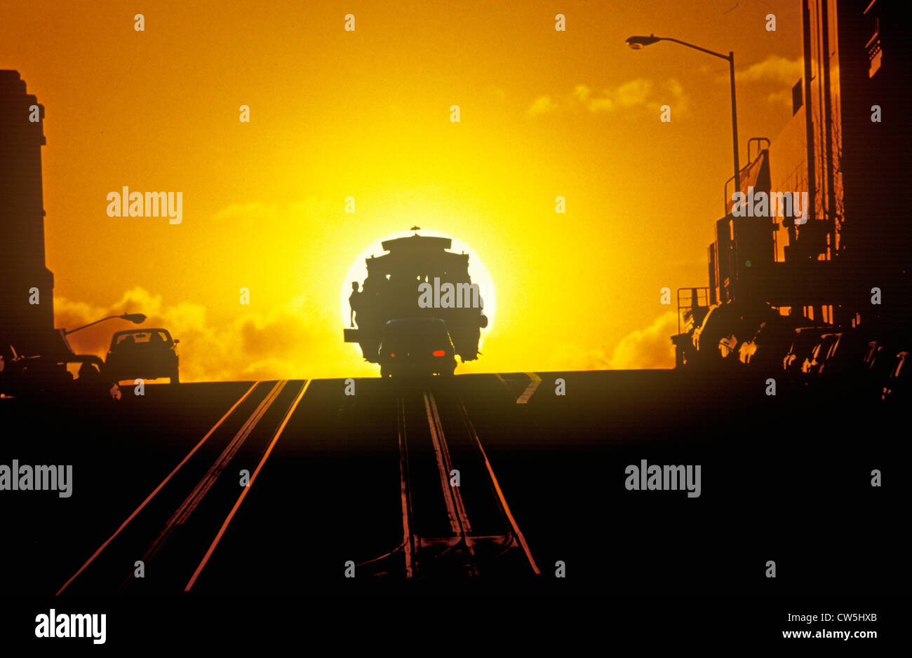 Sunset on one of San Francisco's famous cable cars, San Francisco ...