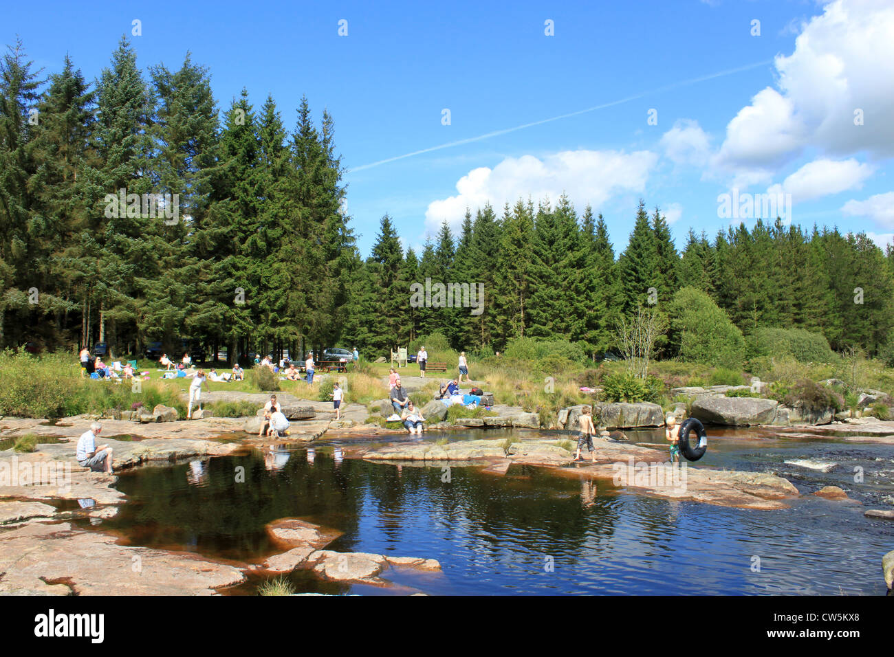 People picnicing by the Otter Pool on the River Dee in the Galloway ...