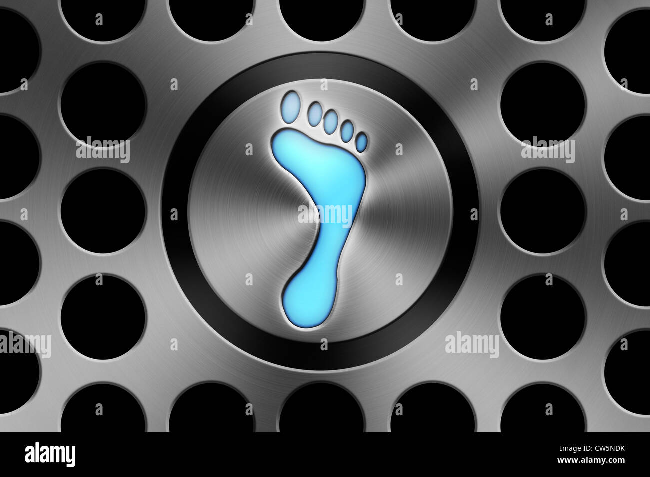 Lit footprint button on a silver brushed aluminium background. Concept ...