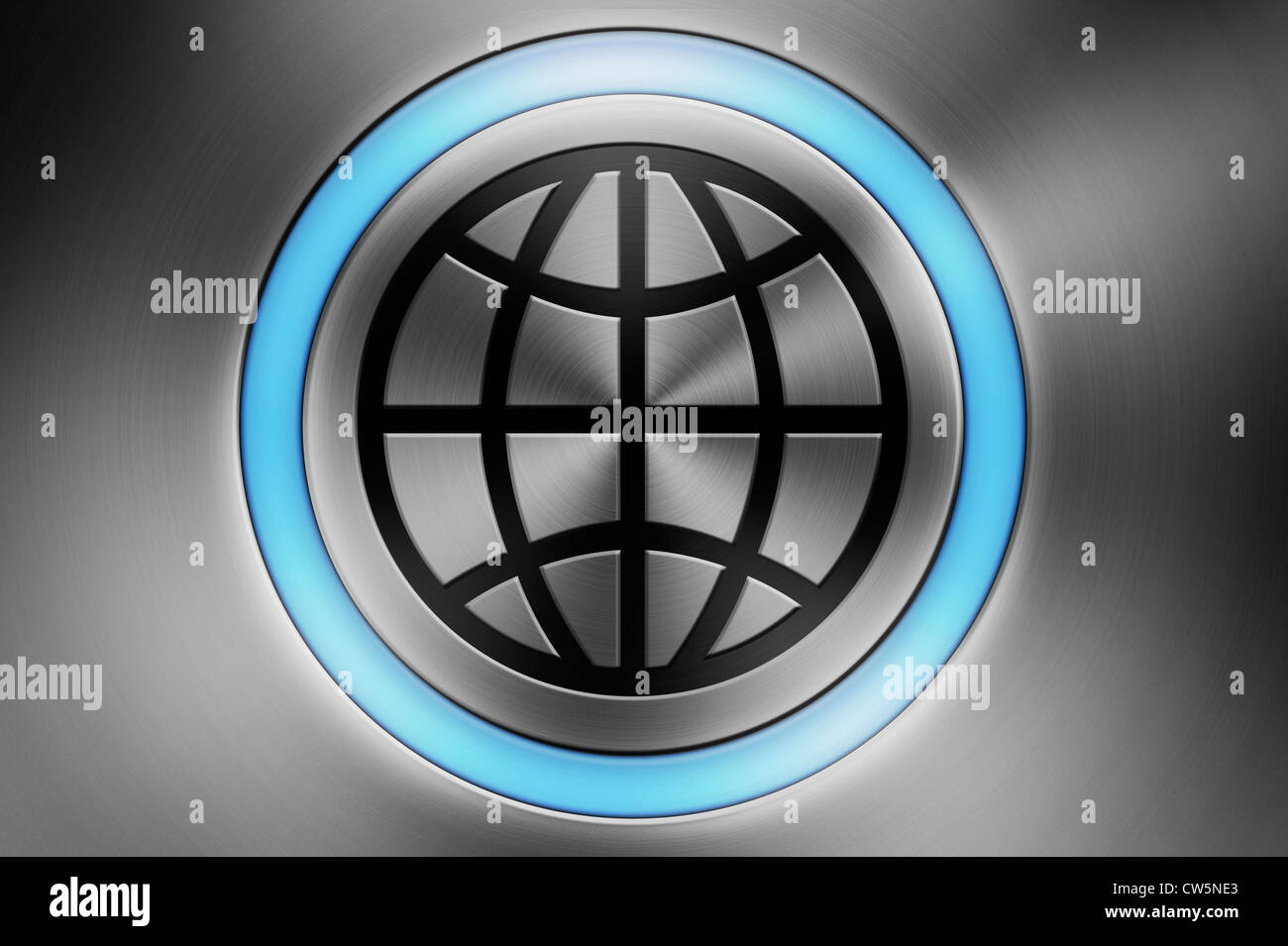 Glowing computer button with a globe symbol embossed on it, on a silver ...